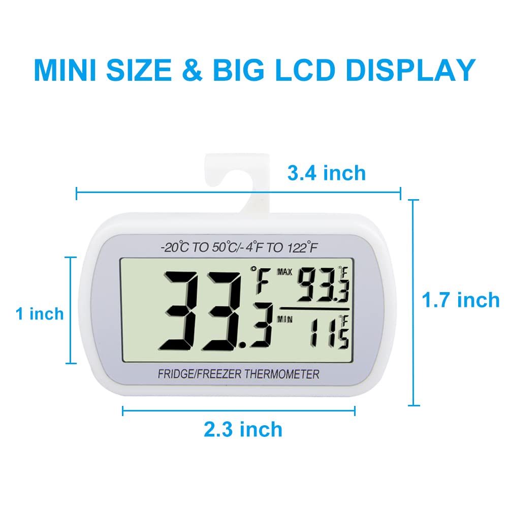 Waterproof Refrigerator Fridge Thermometer, Digital Freezer Room Thermometer , Max/Min Record Function Large LCD Screen and Magnetic Back for Kitchen, Home, Restaurants (2 Pack)