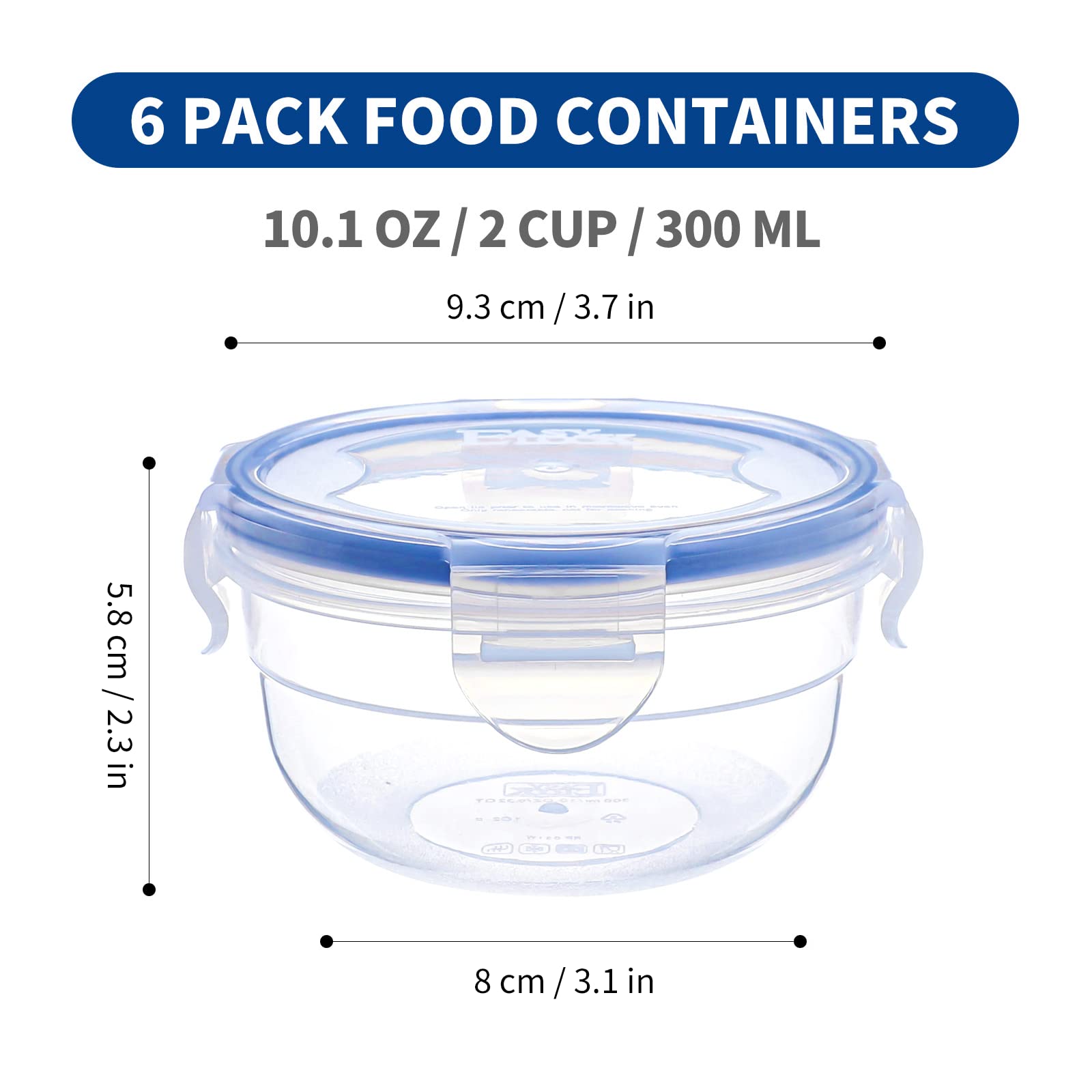 KIGI [ 6 PACK ] 10.1oz Plastic Bowls with Lid Leakproof Food Storage Container Set Small Meal Prep Containers