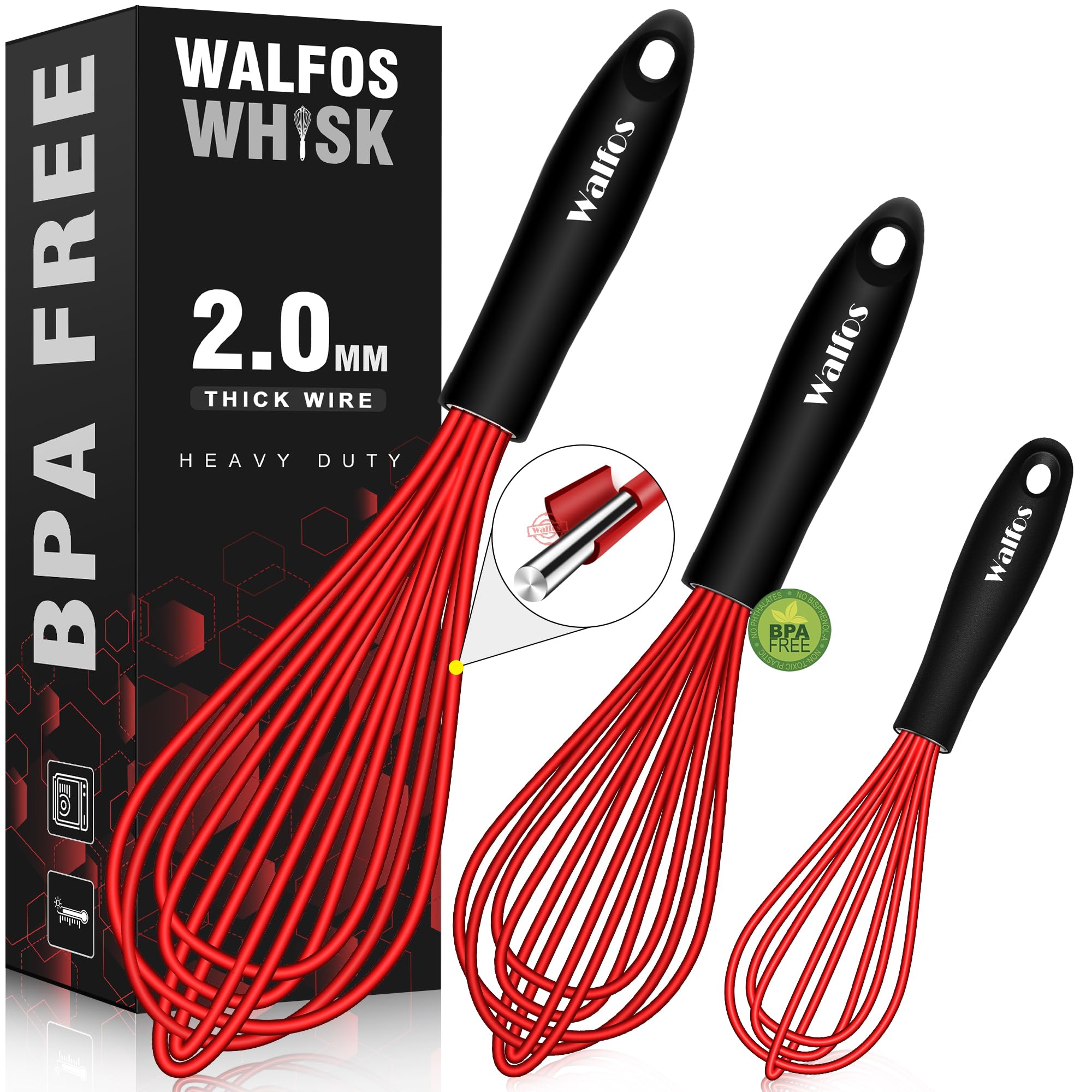 Walfos Silicone Whisk, Non Scratch Coated Whisks- Heat Resistant Kitchen Whisks for Cooking Non Stick Cookware, Balloon Egg Beater Perfect for Blending, Whisking, Beating, Set of 3