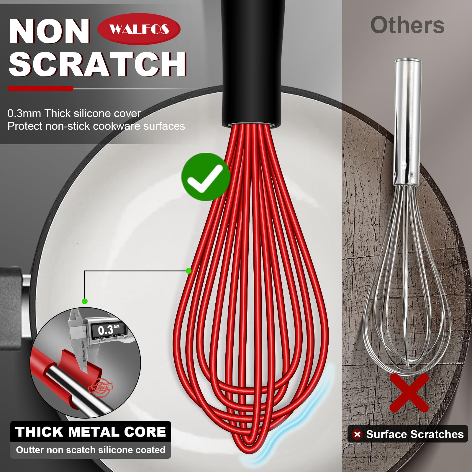 Walfos Silicone Whisk, Non Scratch Coated Whisks- Heat Resistant Kitchen Whisks for Cooking Non Stick Cookware, Balloon Egg Beater Perfect for Blending, Whisking, Beating, Set of 3