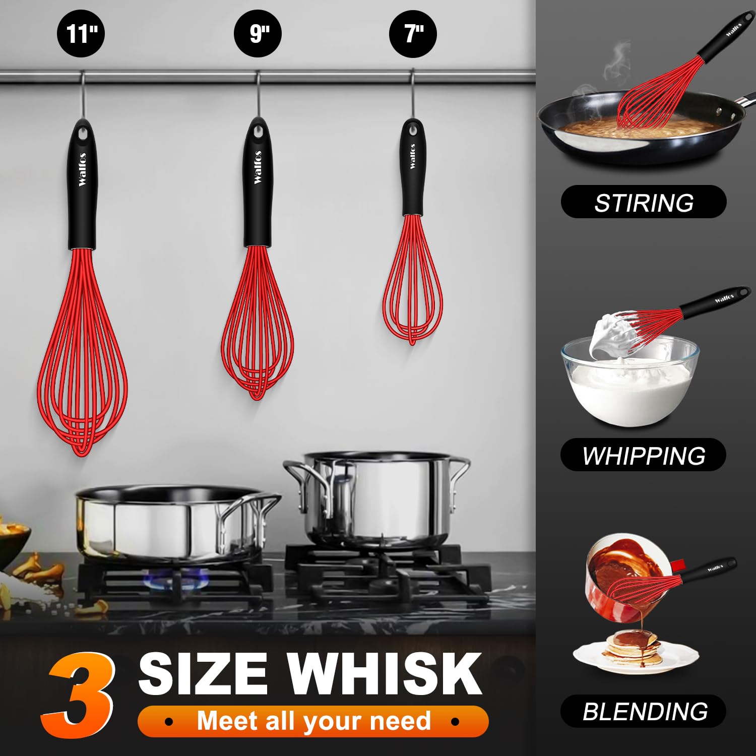 Walfos Silicone Whisk, Non Scratch Coated Whisks- Heat Resistant Kitchen Whisks for Cooking Non Stick Cookware, Balloon Egg Beater Perfect for Blending, Whisking, Beating, Set of 3