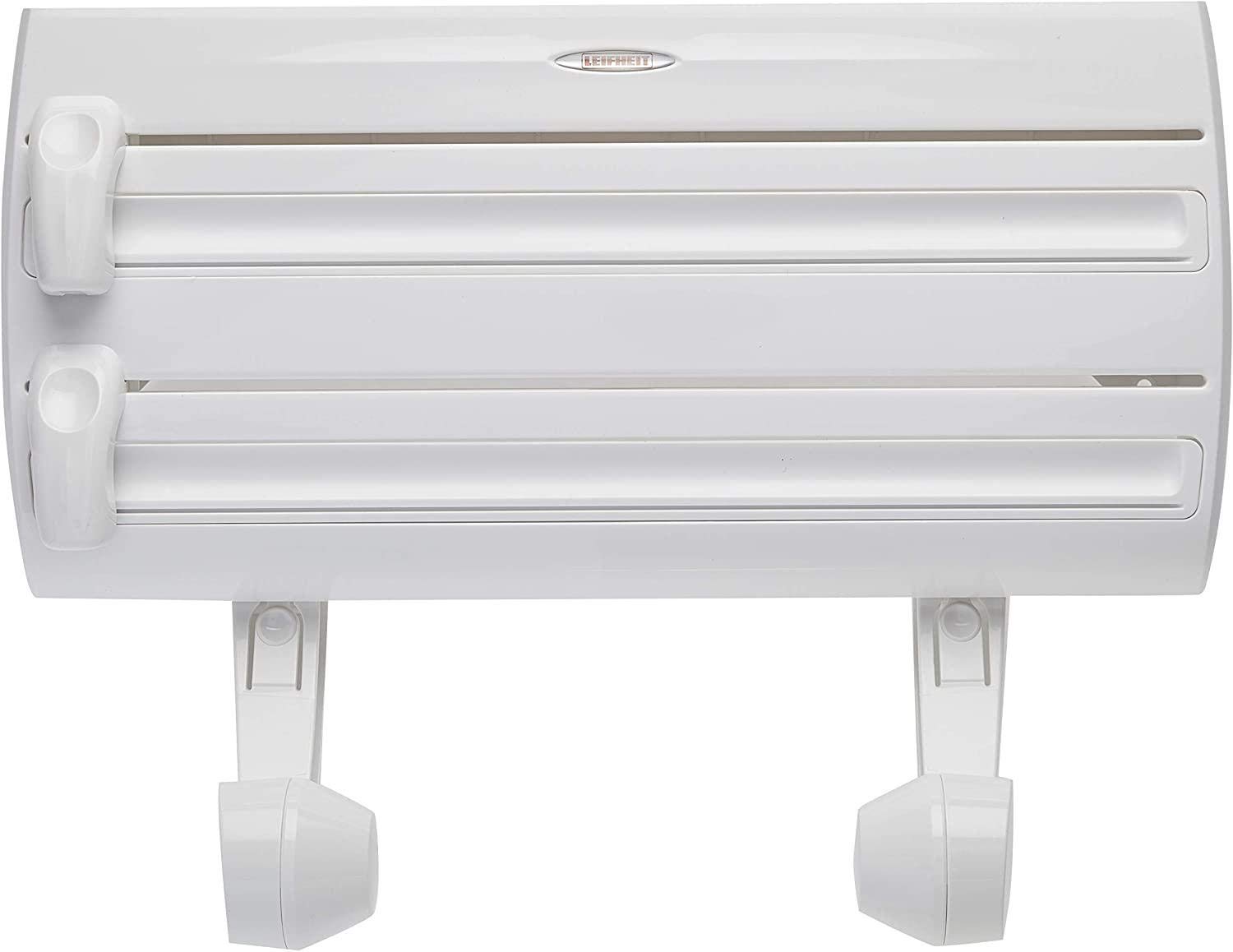 Leifheit 25771 4-in-1 Wall-Mount Paper Towel Holder | Plastic Wrap and Foil Dispenser with Spice Rack | White