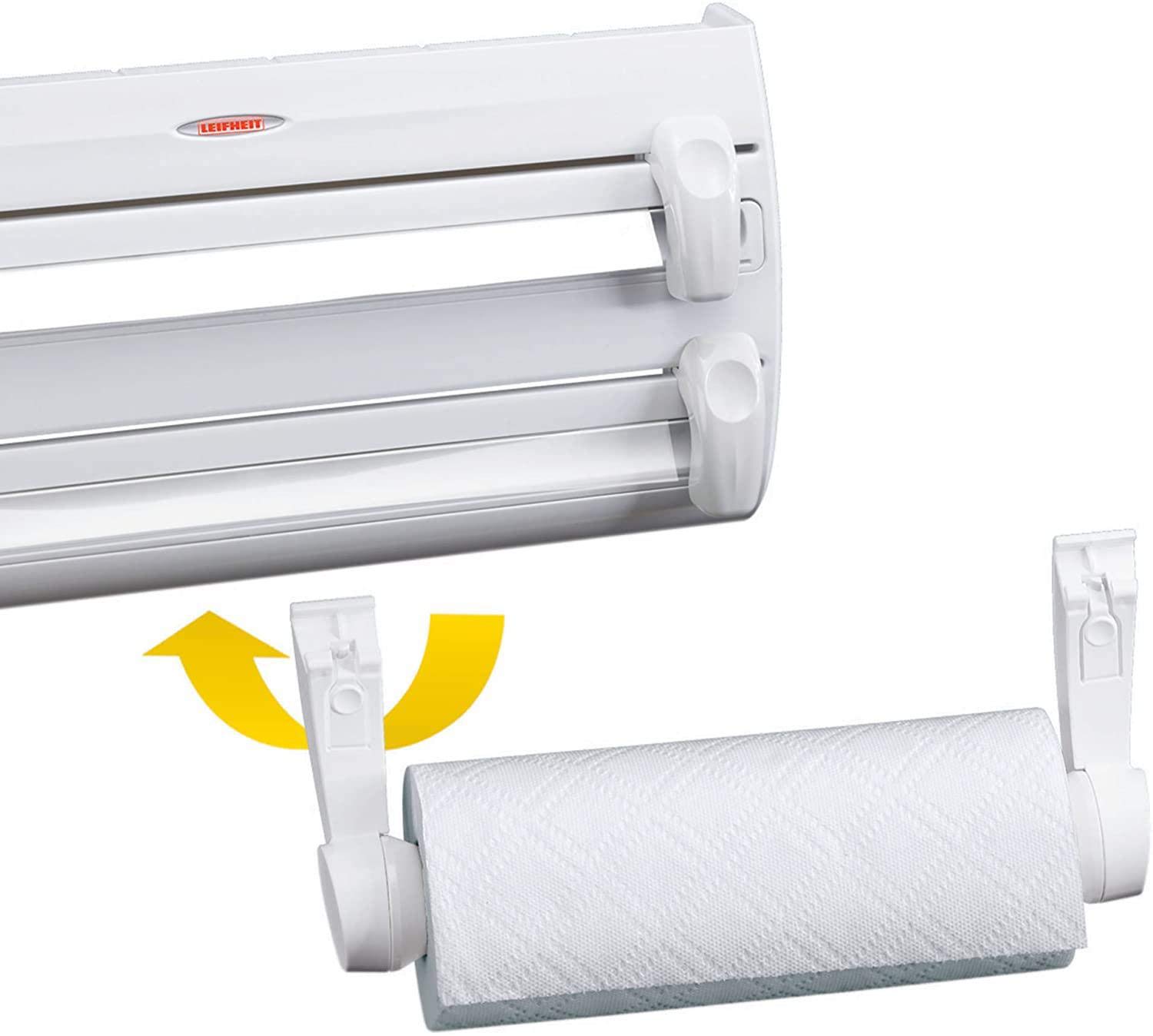 Leifheit 25771 4-in-1 Wall-Mount Paper Towel Holder | Plastic Wrap and Foil Dispenser with Spice Rack | White