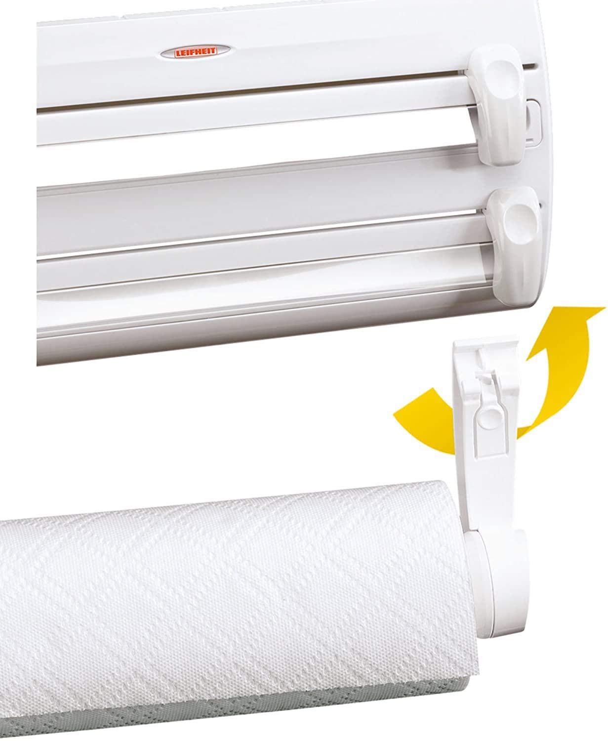 Leifheit 25771 4-in-1 Wall-Mount Paper Towel Holder | Plastic Wrap and Foil Dispenser with Spice Rack | White
