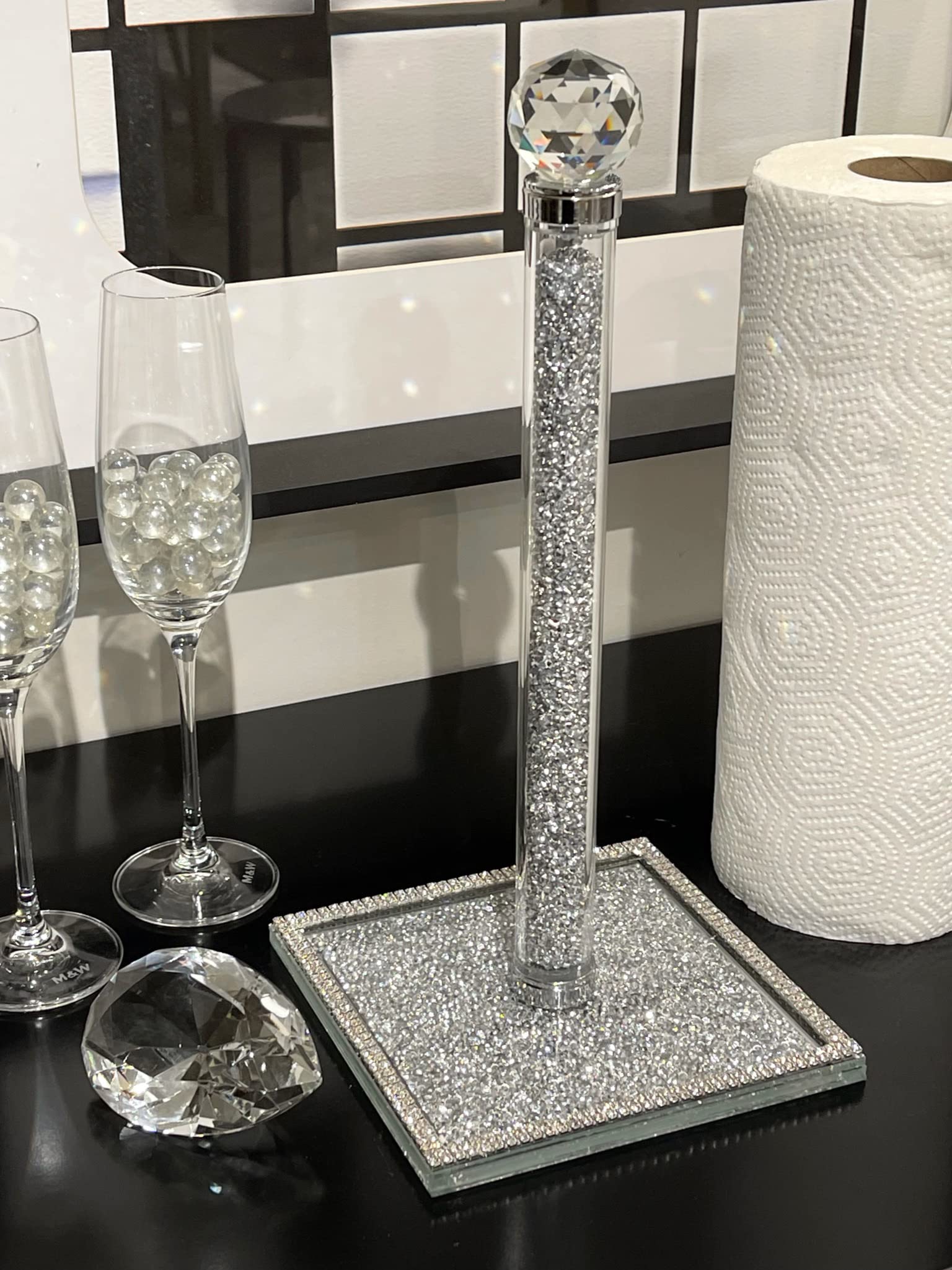 Bling Crystal Paper Towel Holder Roll Holder, Cute and Filled with Sparkly Crushed Diamonds, Stunning Silver, Mirrored Glass, Kitchen Countertop / Bathroom Tissue Holder, 13in x 6.3in