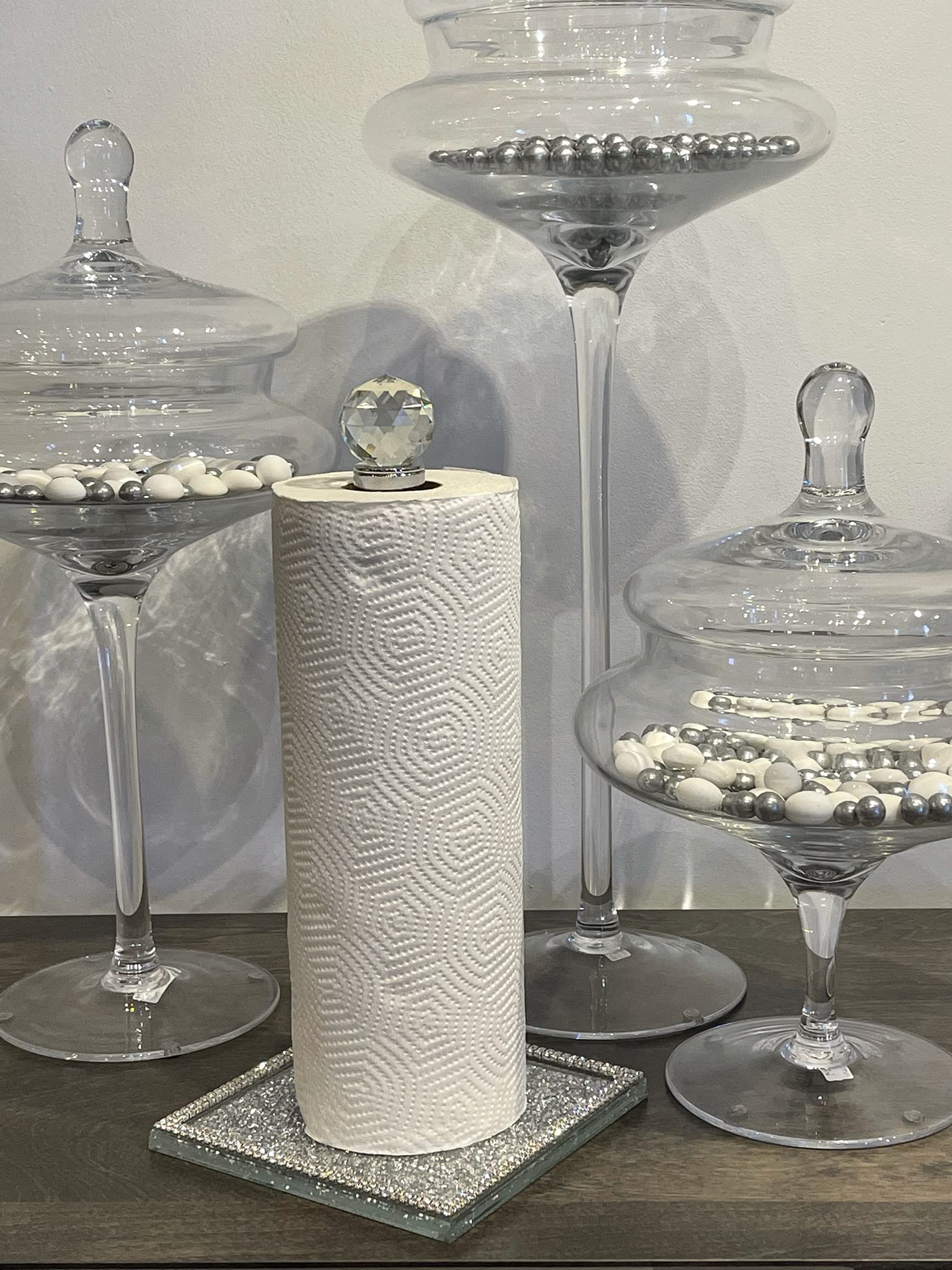 Bling Crystal Paper Towel Holder Roll Holder, Cute and Filled with Sparkly Crushed Diamonds, Stunning Silver, Mirrored Glass, Kitchen Countertop / Bathroom Tissue Holder, 13in x 6.3in