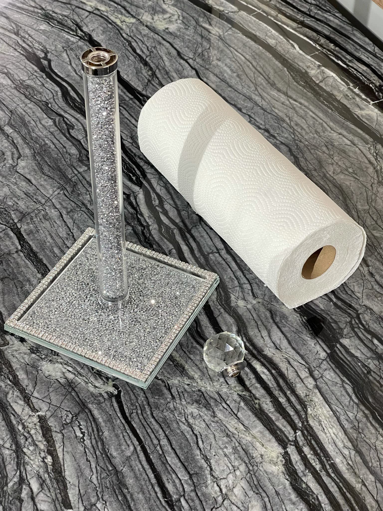 Bling Crystal Paper Towel Holder Roll Holder, Cute and Filled with Sparkly Crushed Diamonds, Stunning Silver, Mirrored Glass, Kitchen Countertop / Bathroom Tissue Holder, 13in x 6.3in