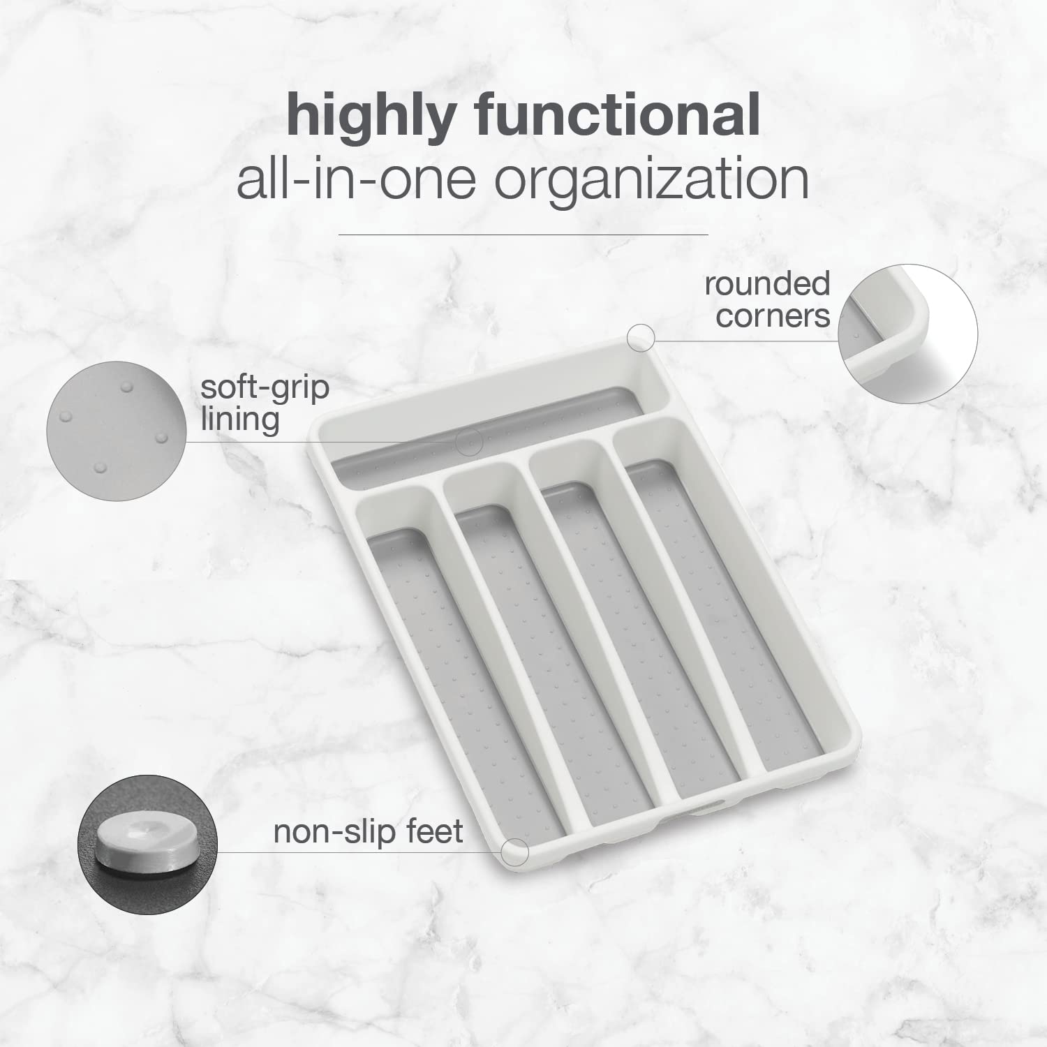 madesmart Classic Mini Silverware Tray - White & Classic 9.8 x 3.8 Bin - White | CLASSIC COLLECTION | Multi-Purpose Storage Organizer | Soft-grip Lining and Non-slip Rubber Feet