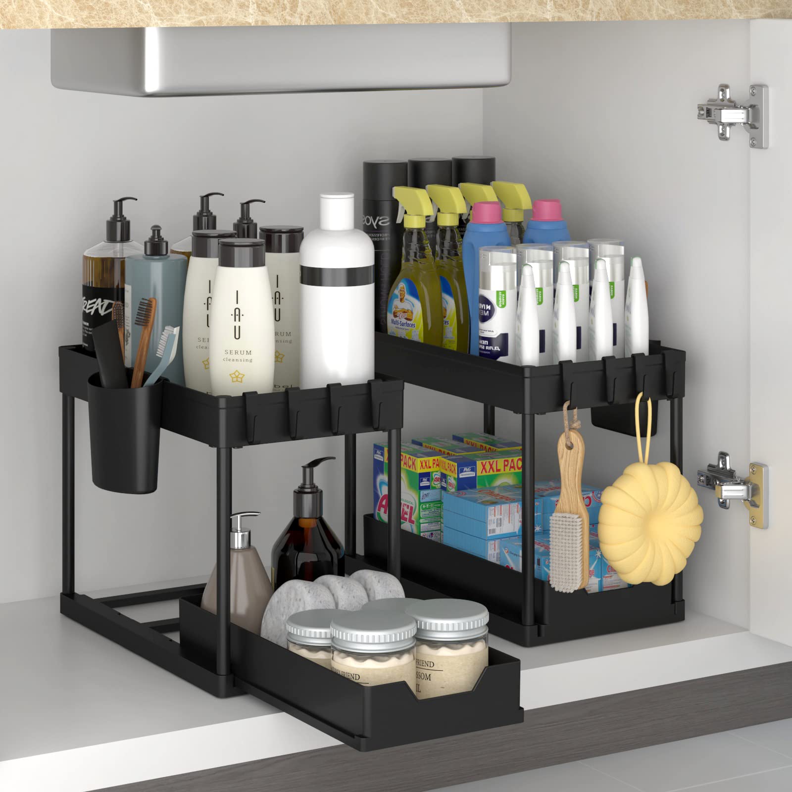 2 Pack Under Sink Organizers and Storage, Treerit 2-Tier Under the Sink Pull Out Organizer with 8 Hooks and 2 Hanging Cups, Multi-Purpose Under Sink Storage for Kitchen and Bathroom Light Black