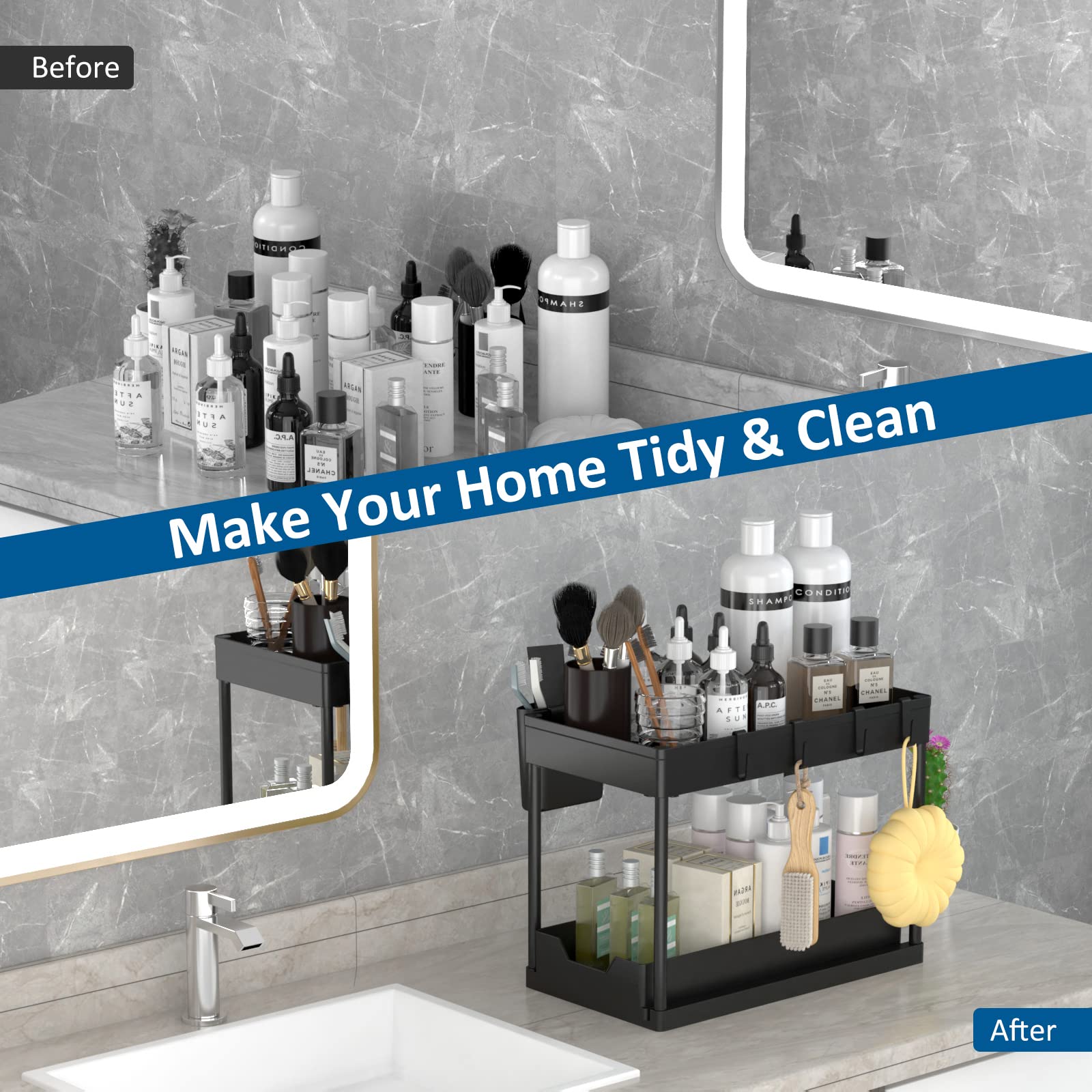 2 Pack Under Sink Organizers and Storage, Treerit 2-Tier Under the Sink Pull Out Organizer with 8 Hooks and 2 Hanging Cups, Multi-Purpose Under Sink Storage for Kitchen and Bathroom Light Black