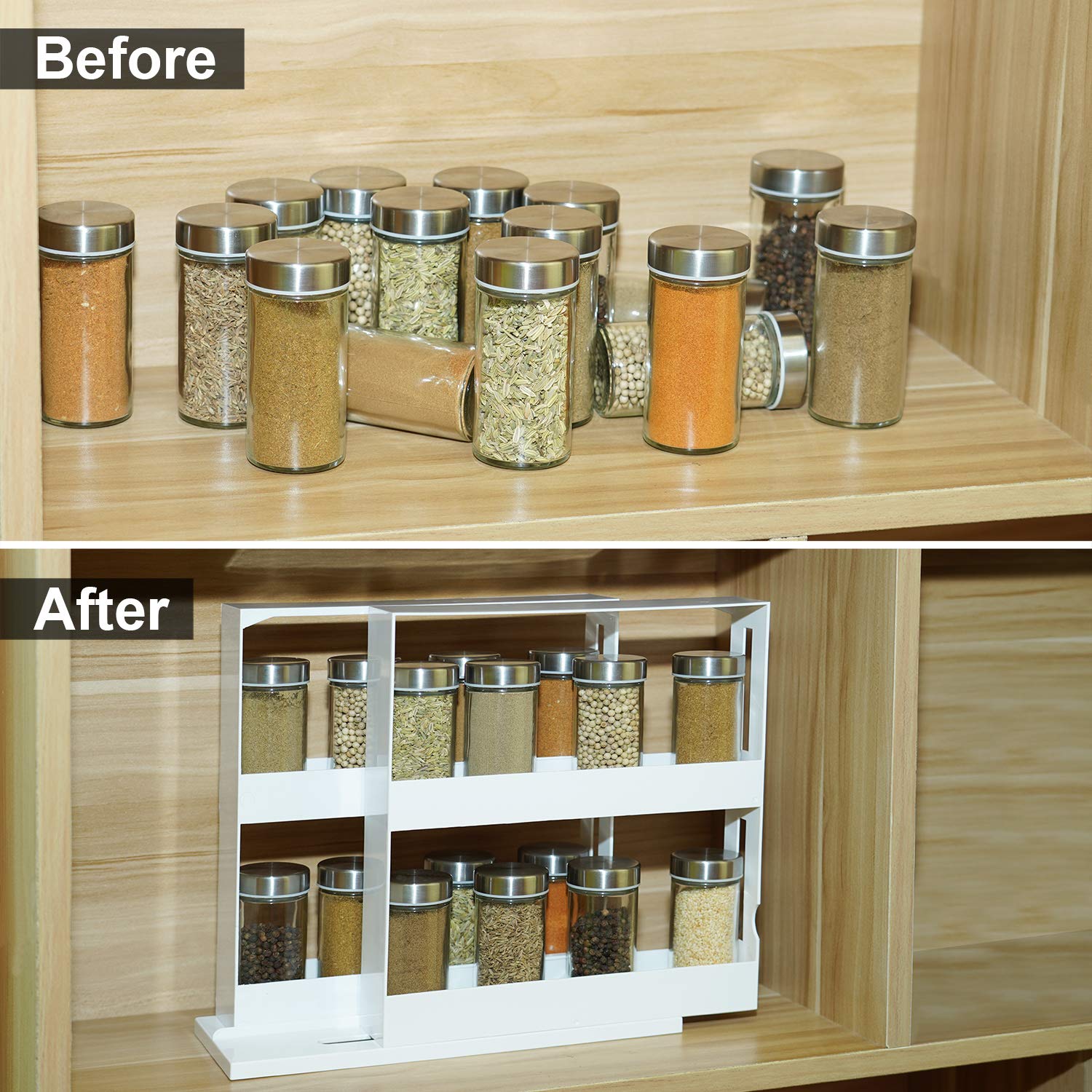 Rotating Spice Rack Plastic Seasoning Spice Jar Rack Storage 2 Tier Pull Out Kitchen Cabinet Organiser Slide Salt Bottle Box Holder Shelf Counter Spice Stand Multi-Function Pantry Door Storage - White