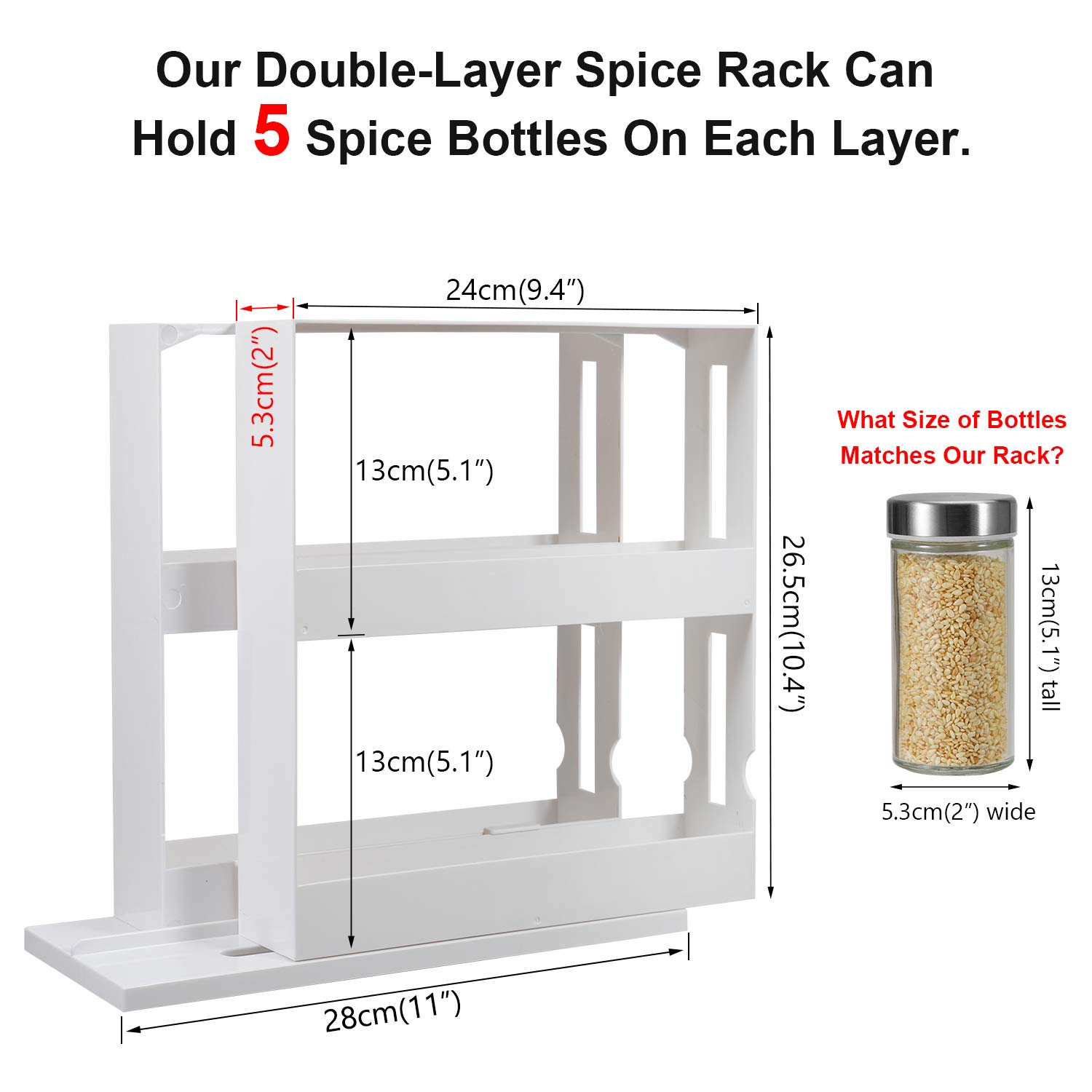 Rotating Spice Rack Plastic Seasoning Spice Jar Rack Storage 2 Tier Pull Out Kitchen Cabinet Organiser Slide Salt Bottle Box Holder Shelf Counter Spice Stand Multi-Function Pantry Door Storage - White