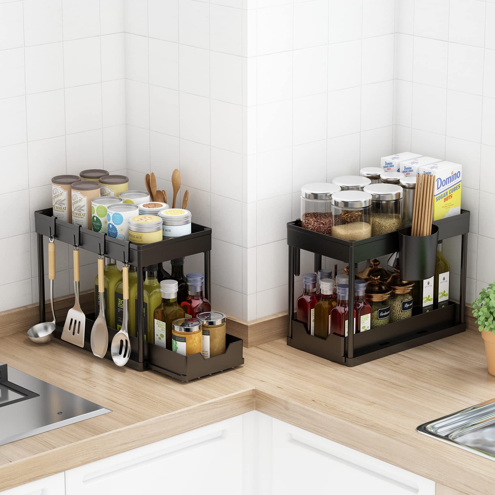 2 Pack Under Sink Organizers and Storage, Treerit 2-Tier Under the Sink Pull Out Organizer with 8 Hooks and 2 Hanging Cups, Multi-Purpose Under Sink Storage for Kitchen and Bathroom Light Black