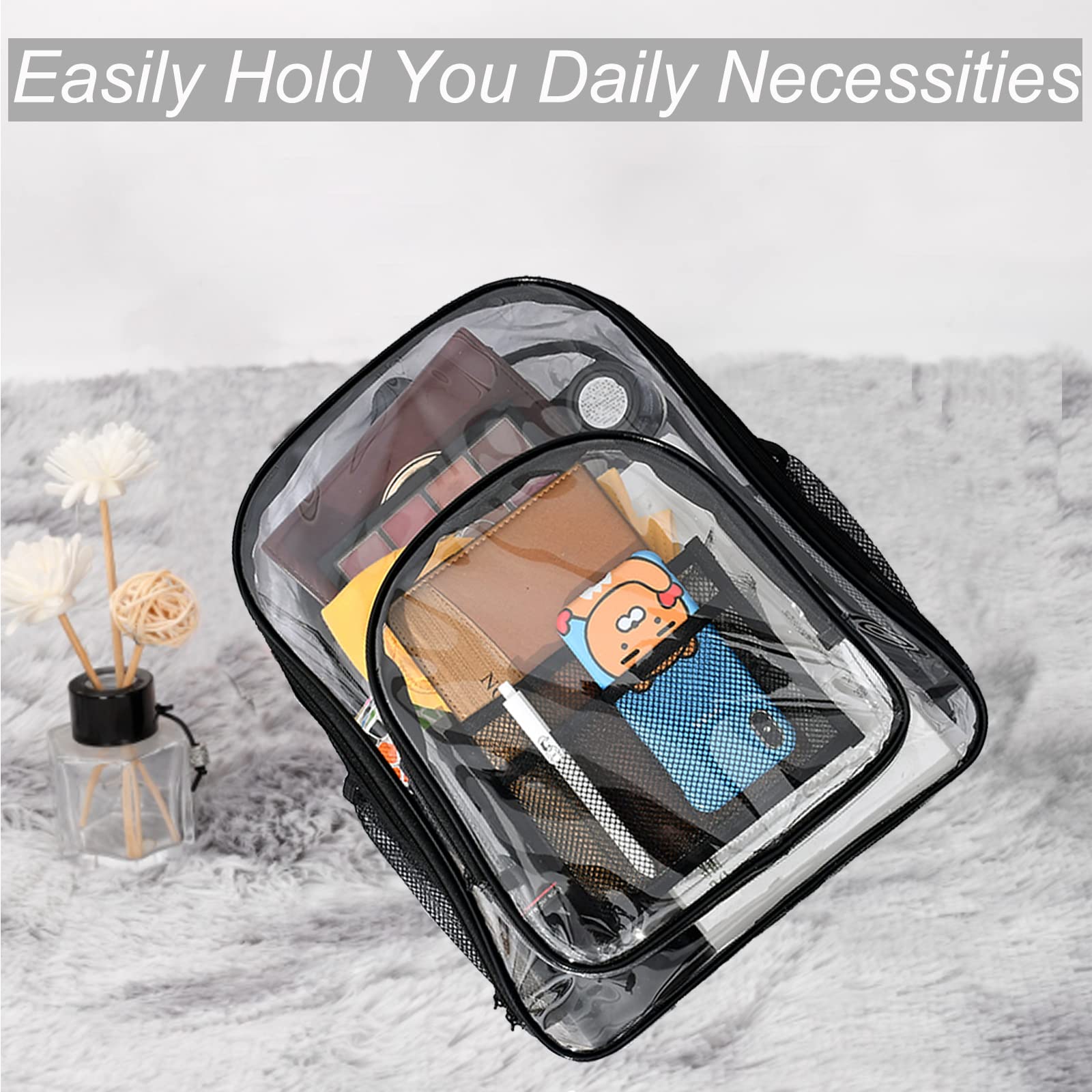 AONETIGER Clear Black Backpack Heavy Duty PVC with Reinforced Strap,Transparent Water-Resistant Backpack for Shool Work