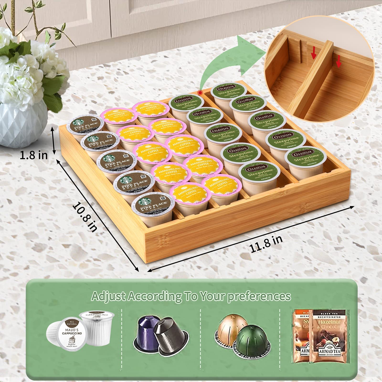 FUHUIM Bamboo k Cup Holder for Drawer Countertop, Coffee pod Holder Organizer , K- Cup Storage for Coffee Station Home Office and Kitchen (Bamboo)