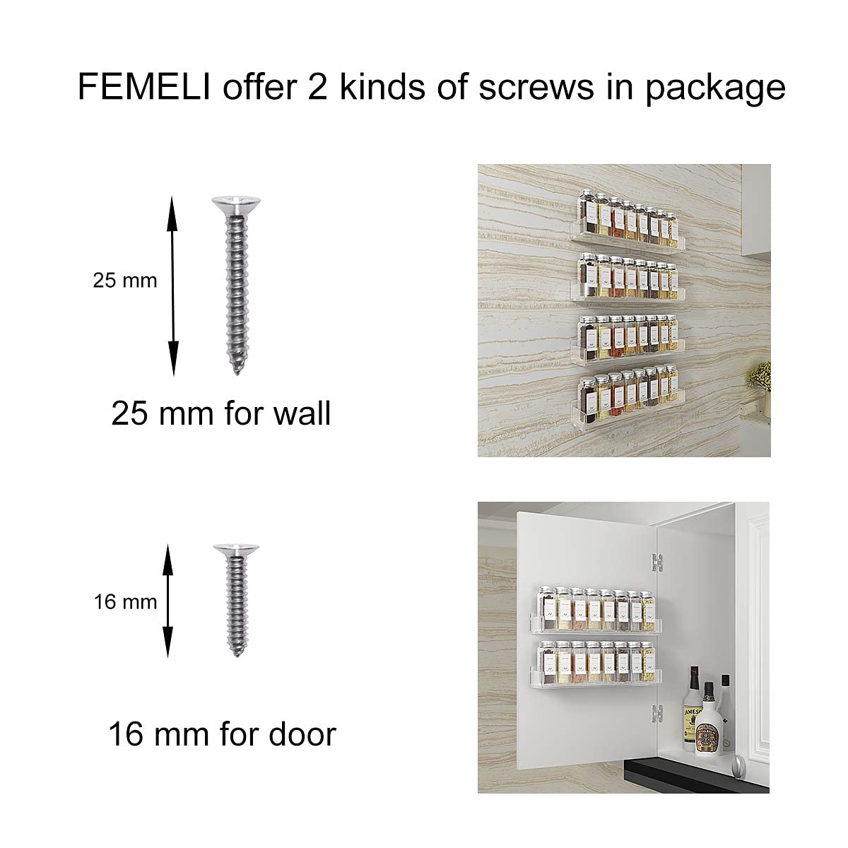 FEMELI Acrylic Spice Rack Wall Mount for Cabinets,Cupboard Or Pantry Door,4 Packs Of Hanging Spice Rack Shelf,Seasoning Organizer for Kitchen