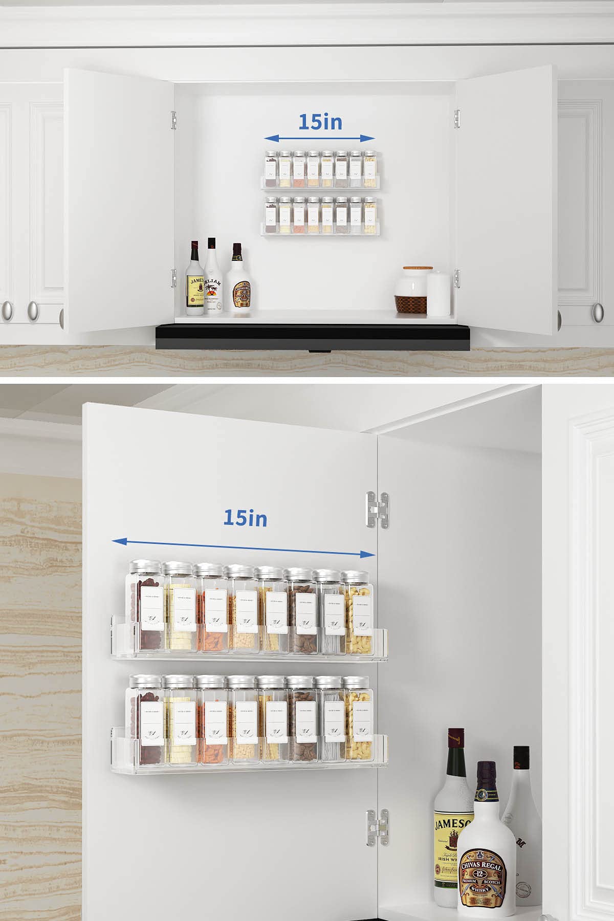 FEMELI Acrylic Spice Rack Wall Mount for Cabinets,Cupboard Or Pantry Door,4 Packs Of Hanging Spice Rack Shelf,Seasoning Organizer for Kitchen