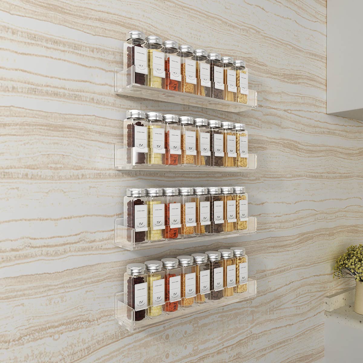 FEMELI Acrylic Spice Rack Wall Mount for Cabinets,Cupboard Or Pantry Door,4 Packs Of Hanging Spice Rack Shelf,Seasoning Organizer for Kitchen