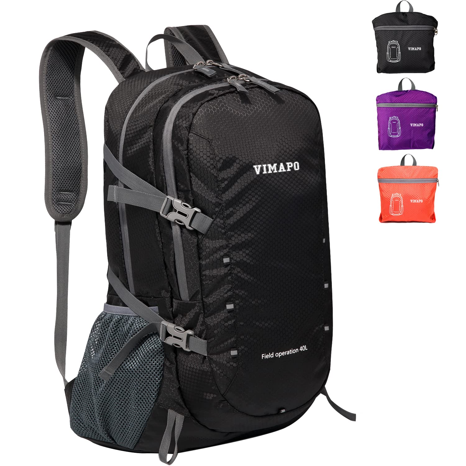 vimapo Packable Lightweight Backpack 40L, Ripstop Nylon Foldable Traveling Daypack, Collapsible Hiking Backpack For Outdoor(Black)