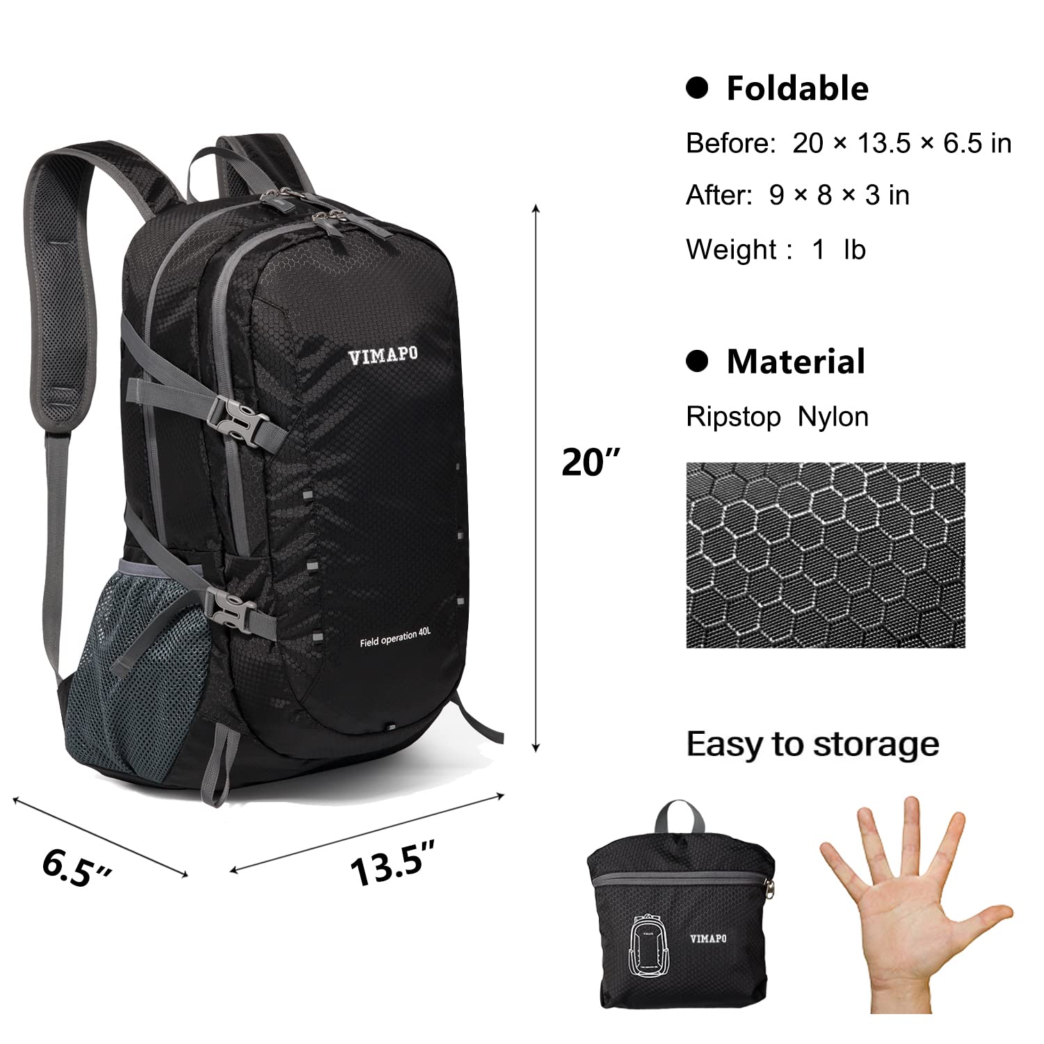 vimapo Packable Lightweight Backpack 40L, Ripstop Nylon Foldable Traveling Daypack, Collapsible Hiking Backpack For Outdoor(Black)