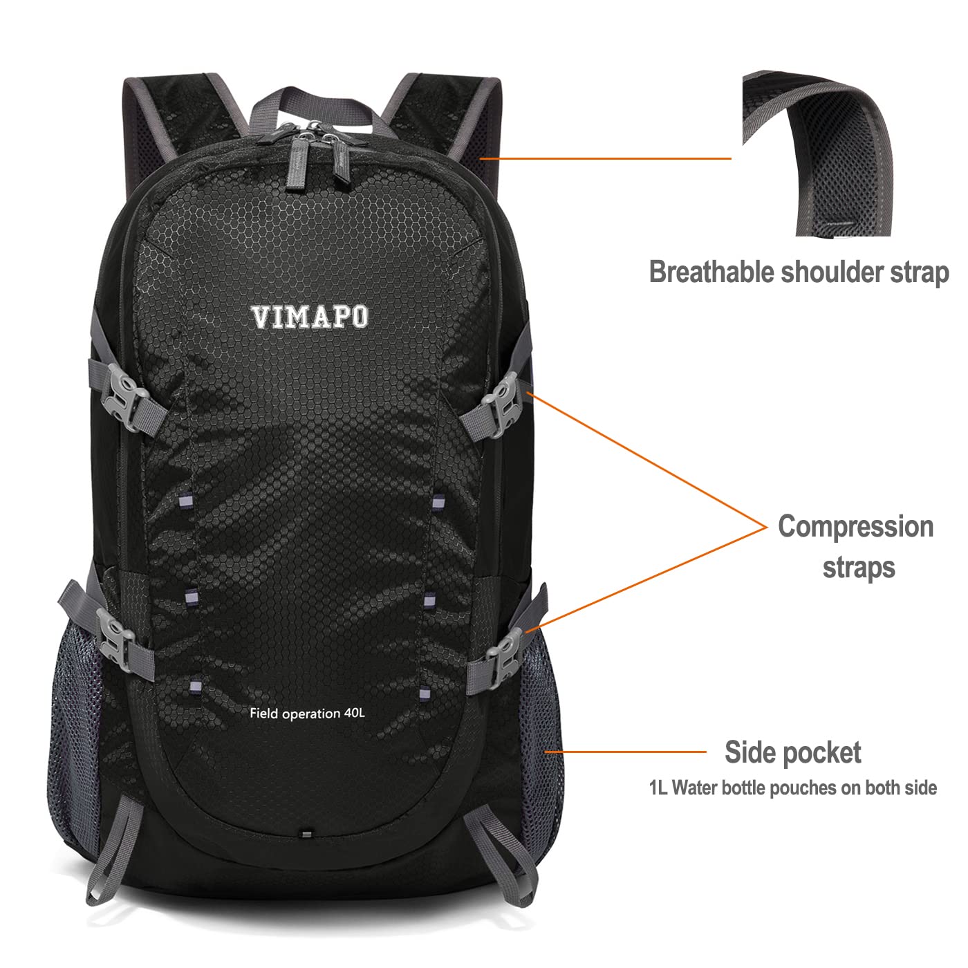vimapo Packable Lightweight Backpack 40L, Ripstop Nylon Foldable Traveling Daypack, Collapsible Hiking Backpack For Outdoor(Black)