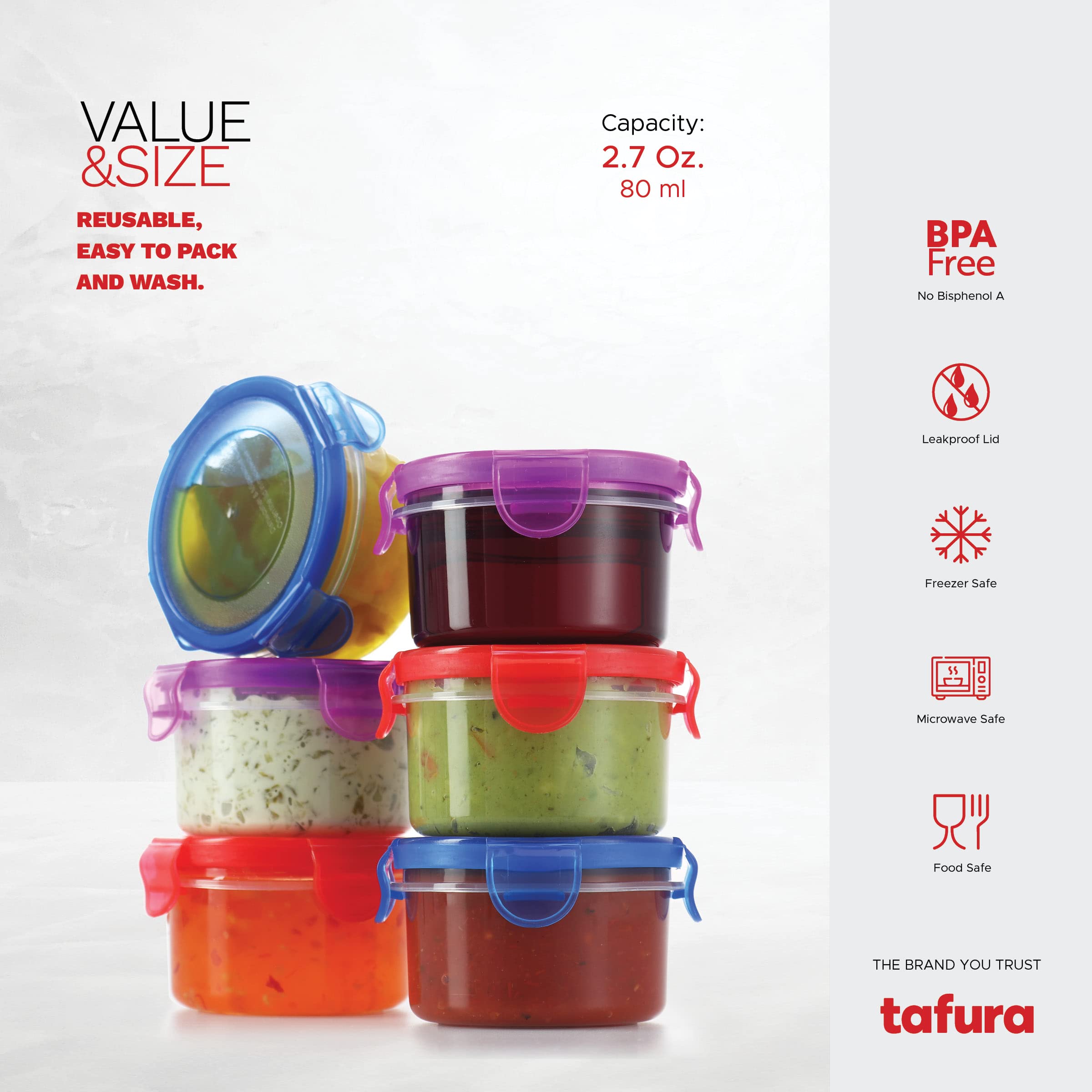 Salad Dressing Container to go, 6 Pack | 2.7 Oz. Dressing Containers for Lunch Box | Small Containers with Lids | Dip Containers for Lunch Box | Condiment Containers with Lids, Leakproof, BPA Free