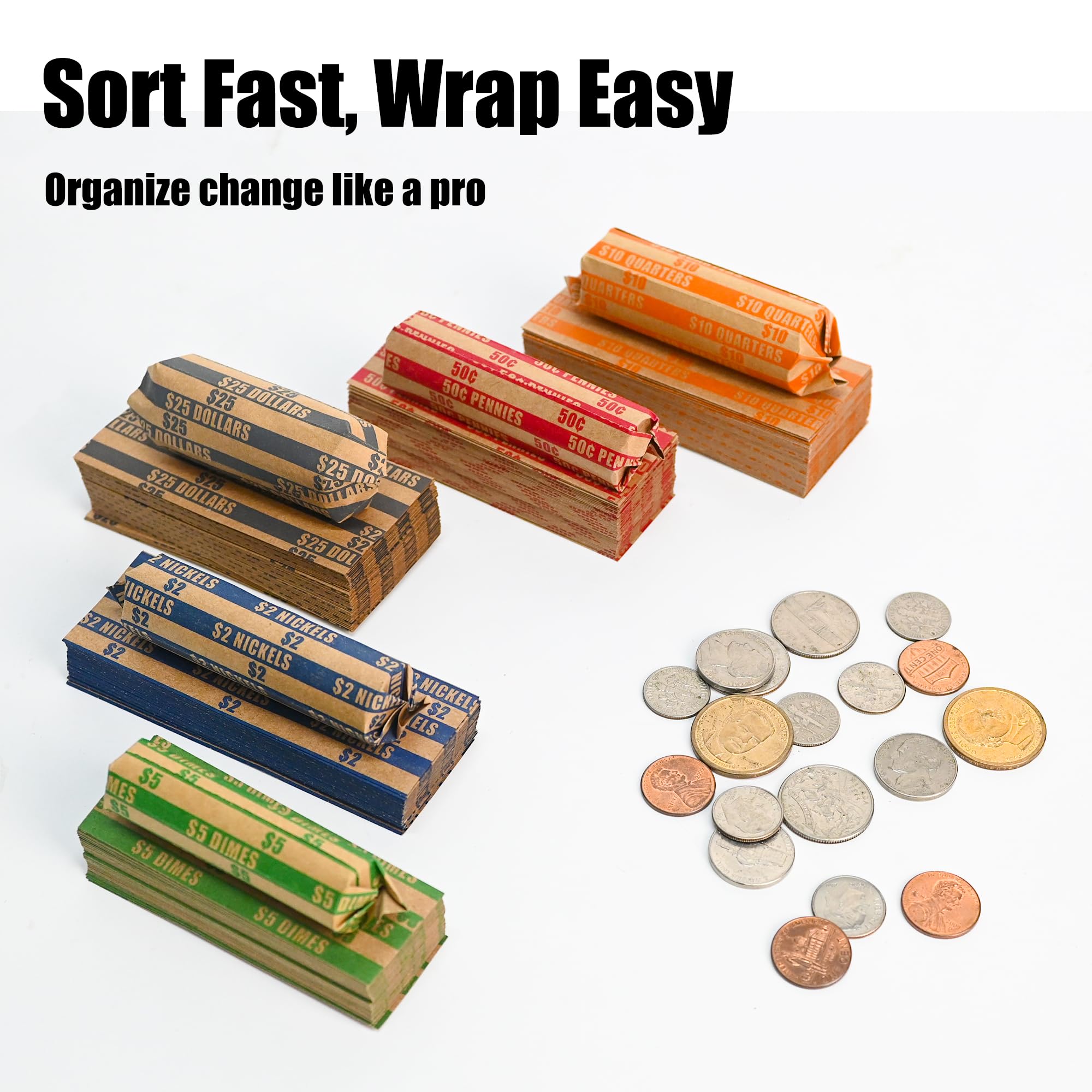 NATURALABEL 250 Assorted Flat Coin Wrappers, 50 Each of Quarters, Dollars, Dimes, Nickels, Pennies, Coin Striped Kraft Packing