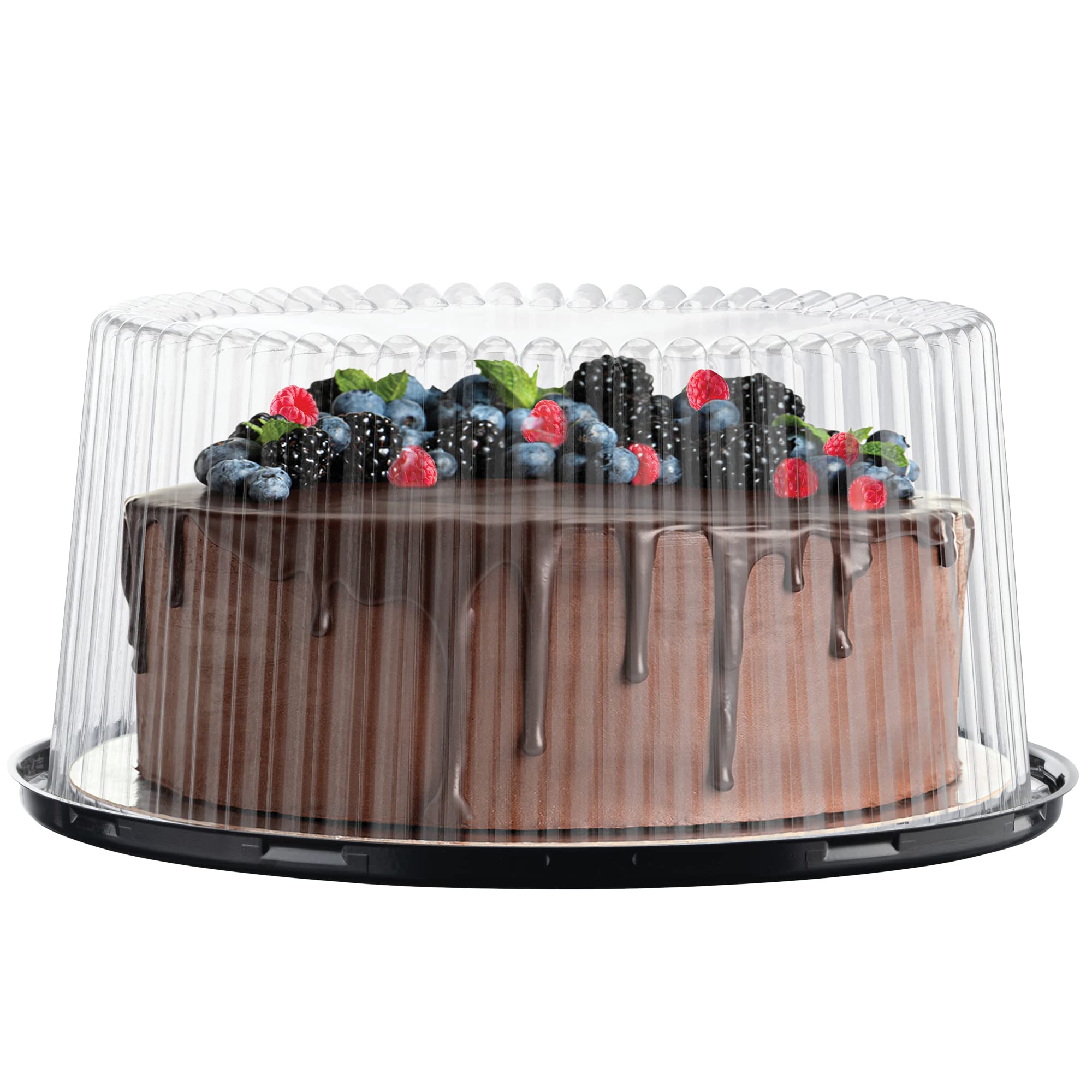 10 - 11" Plastic Disposable Cake Containers Carriers With Dome Lids And Cake Boards [5 Pack] And Cake Server | Round Bundt Cake Boxes / Cover | 2-3 Layer Cake Holder Display Containers For Transport