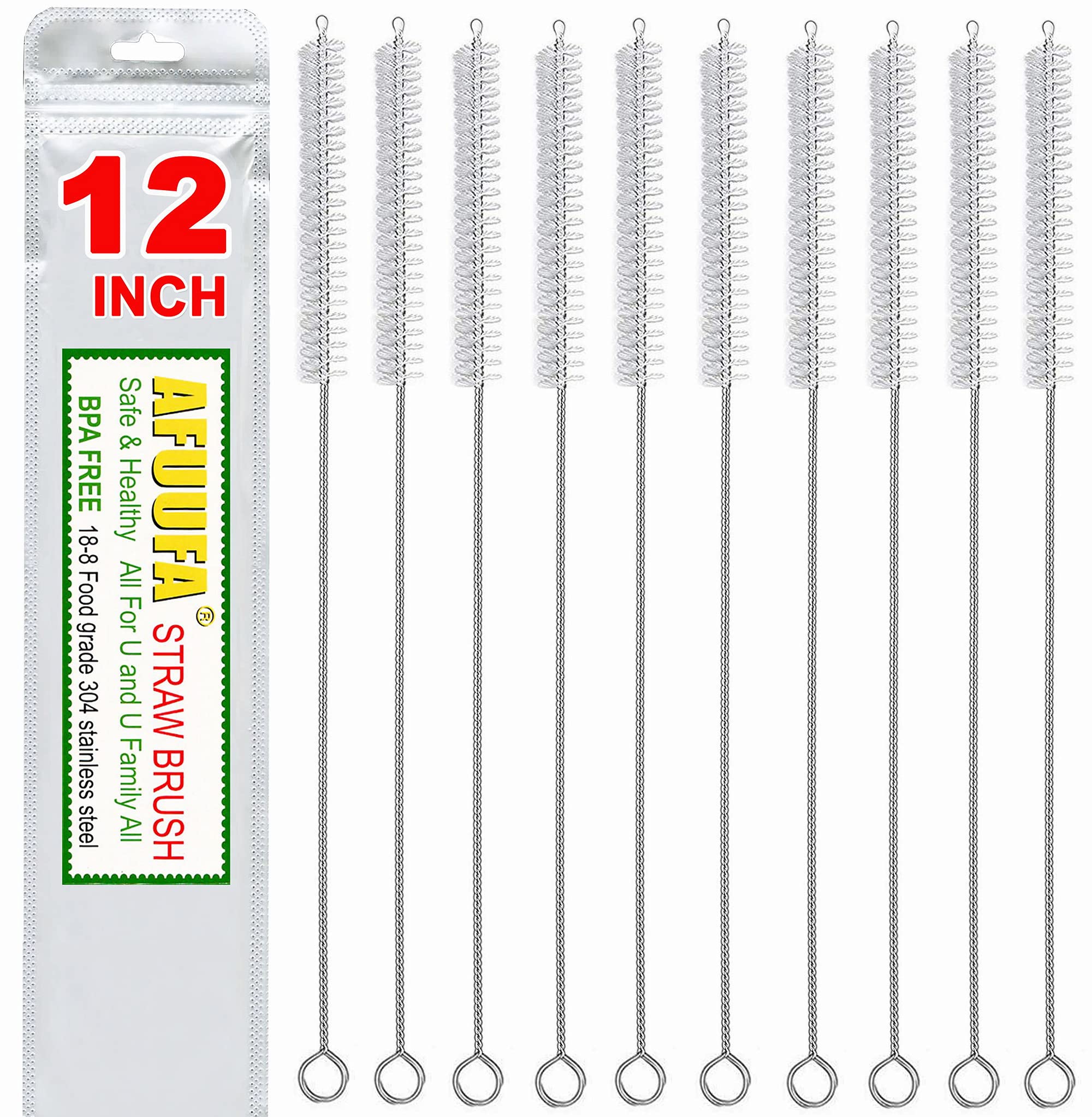 Extra Long Straw Cleaner Brush Extend 12 inch, Extra Wide 12mm diam Pipe Cleaners, Cleaning Brush for Hummingbird Feeders, Nylon Bristles and Stainless Steel Handle Straw Brush Set 10 Pack