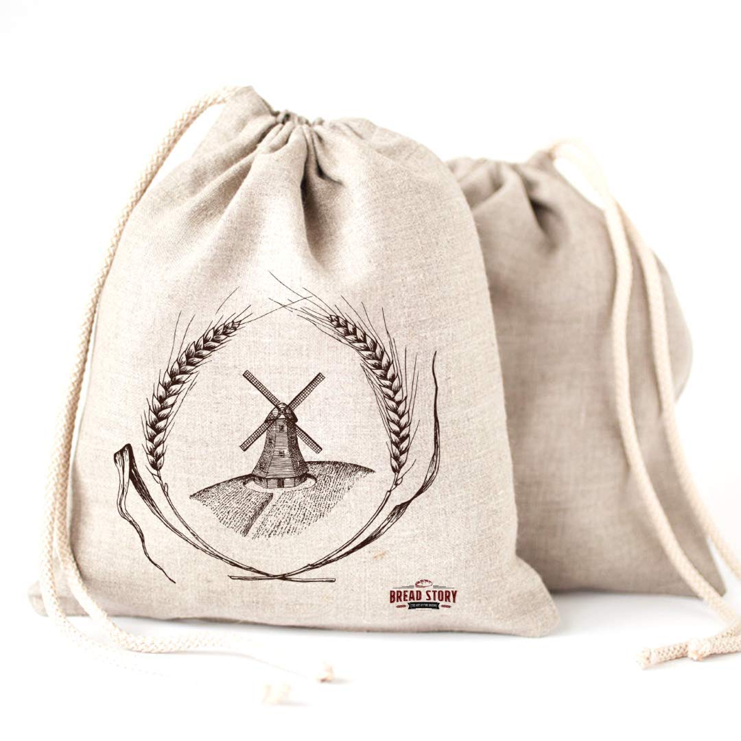 Linen Bread Bags - 2-Pack 11 x 15" Special Art Design Natural Unbleached Linen Reusable Food Storage for Homemade Artisan Bread