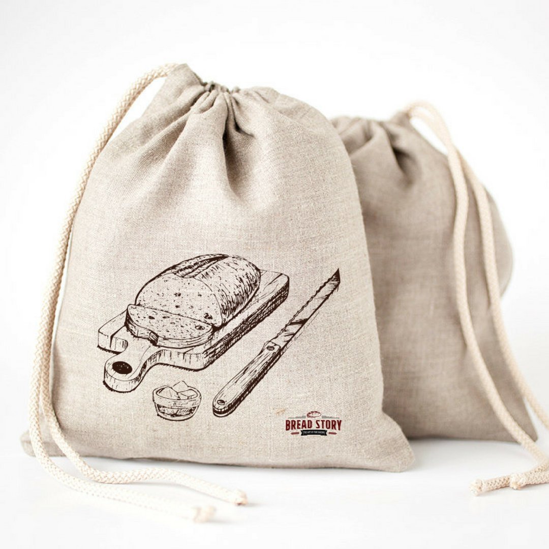 Linen Bread Bags - 2-Pack 11 x 15" Special Art Design Natural Unbleached Linen Reusable Food Storage for Homemade Artisan Bread