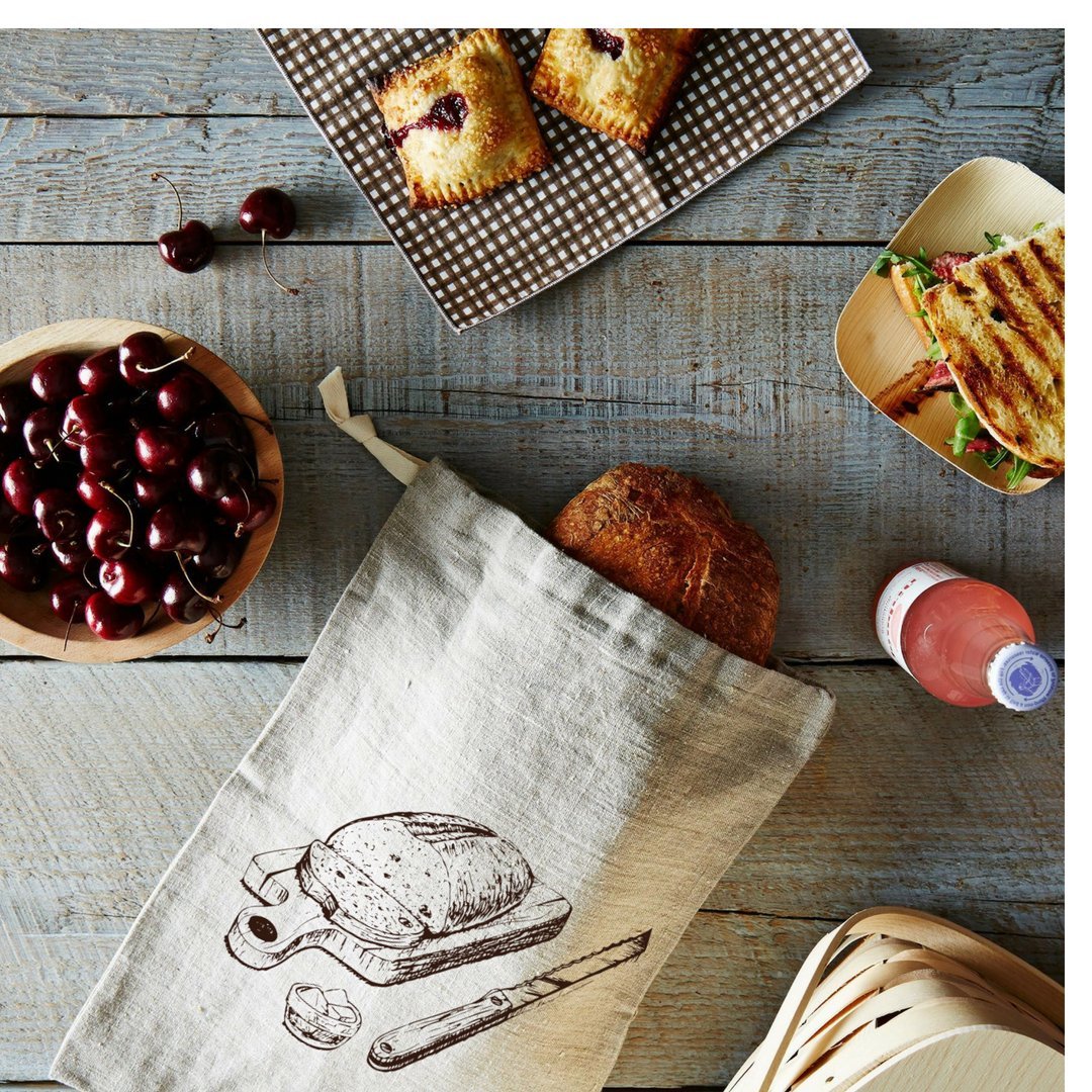 Linen Bread Bags - 2-Pack 11 x 15" Special Art Design Natural Unbleached Linen Reusable Food Storage for Homemade Artisan Bread