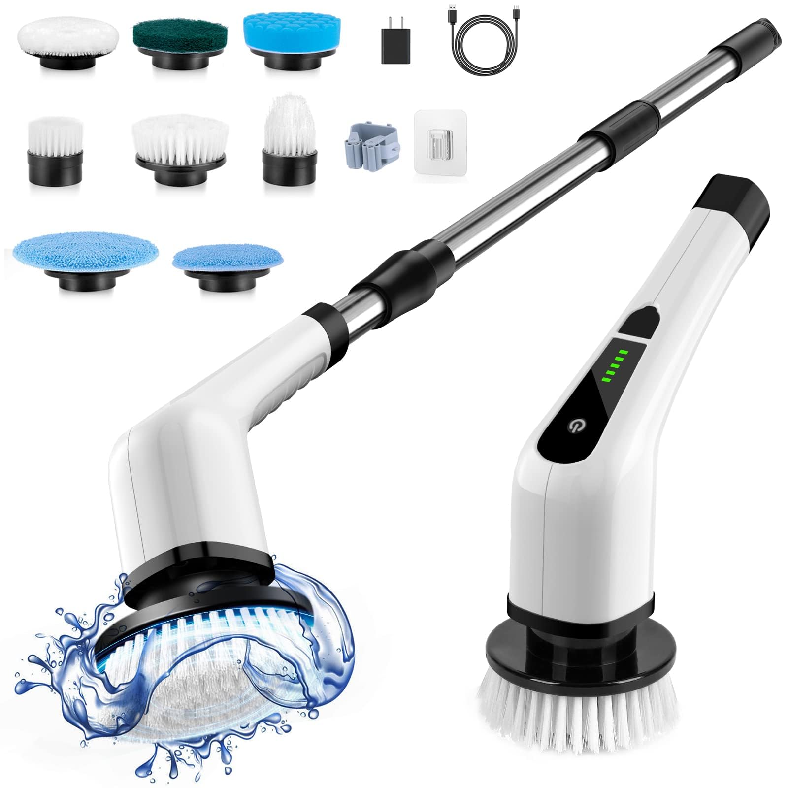 Electric Spin Scrubber, Cordless Cleaning Brush Tub Tile Scrubber for Home, 8 Replaceable Brush Heads, 90Mins Work Time 3 Adjustable Handle 2 Adjustable Speeds for Bathroom Shower Bathtub Glass Car