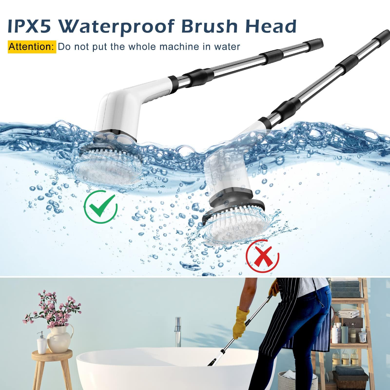 Electric Spin Scrubber, Cordless Cleaning Brush Tub Tile Scrubber for Home, 8 Replaceable Brush Heads, 90Mins Work Time 3 Adjustable Handle 2 Adjustable Speeds for Bathroom Shower Bathtub Glass Car