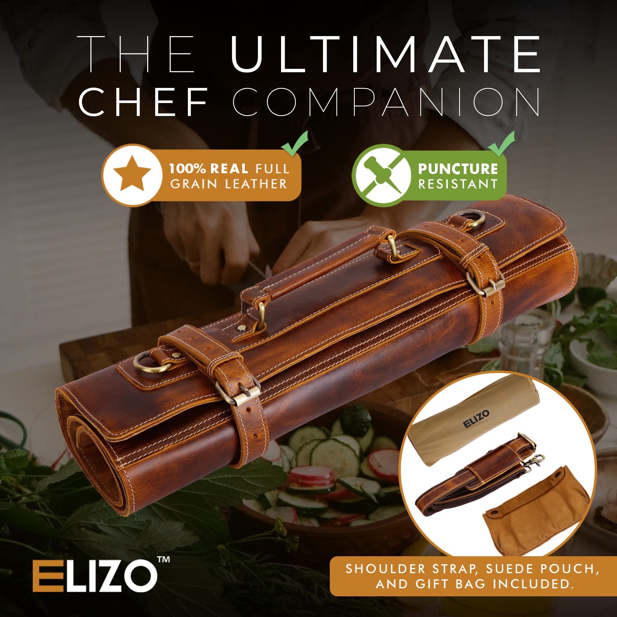 ELIZO Genuine Buffalo Leather Knife Roll Set Chef's Knife Holder Cutlery Sheath Artist Case Organizer Storage bag Travel Friendly Gift for Men & Women - Antique