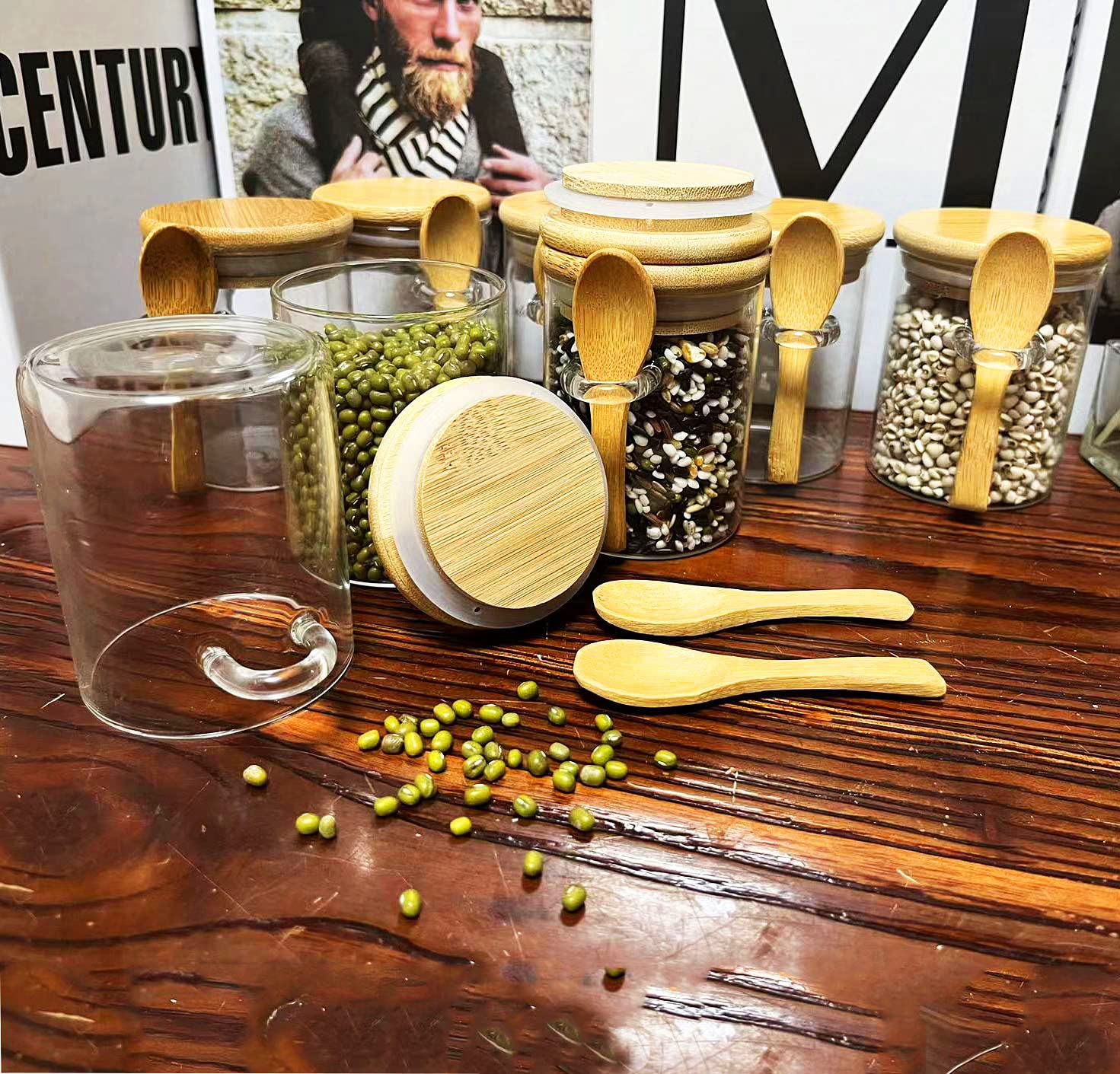 Livejun 8 oz Airtight Mini Glass Jars with Bamboo Lids and Bamboo Spoons , Spice Jars Small Food Storage Containers for Kitchen, Bathroom, Home Decor Set of 8