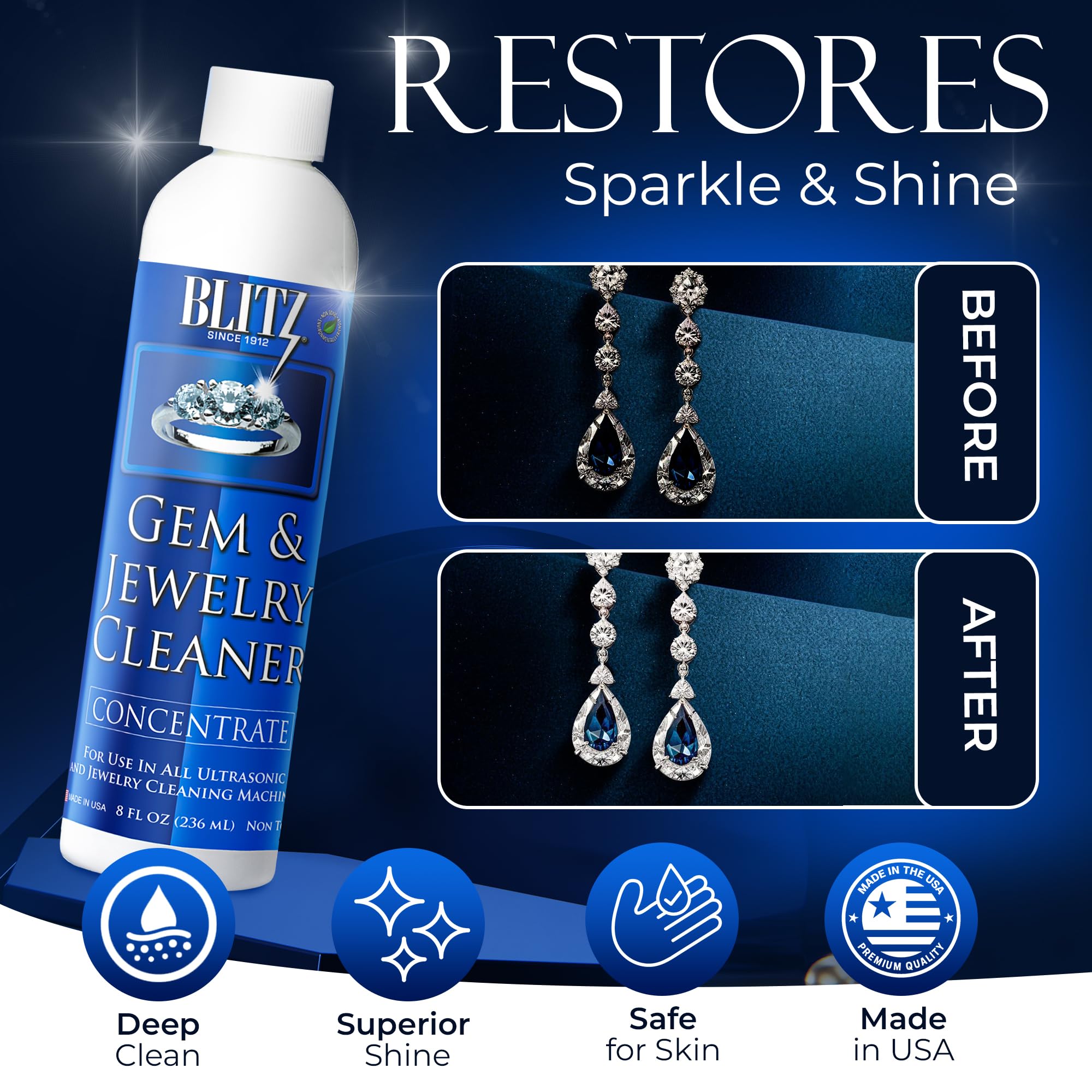 Blitz 653 Gem & Jewelry Non-Toxic Cleaner Concentrate for use in Cleaning Machines, 8 Ounces, 2-Pack