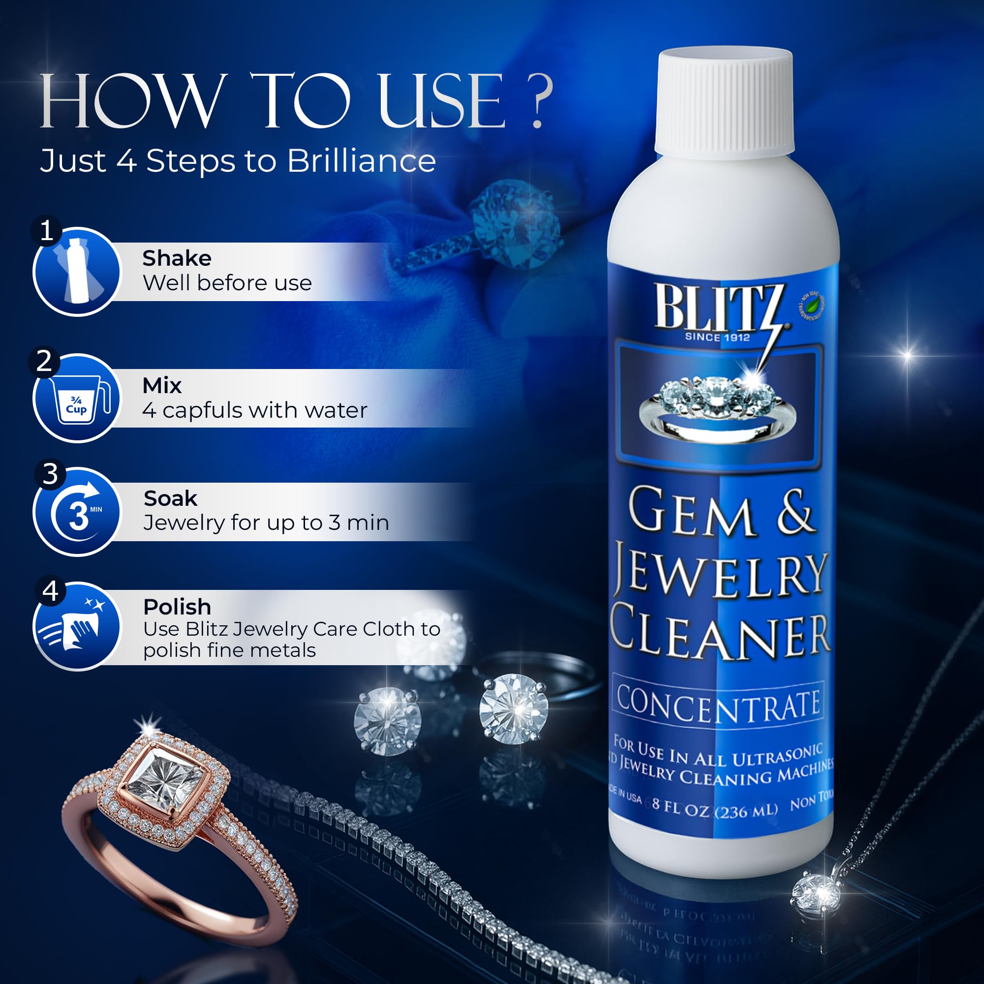 Blitz 653 Gem & Jewelry Non-Toxic Cleaner Concentrate for use in Cleaning Machines, 8 Ounces, 2-Pack