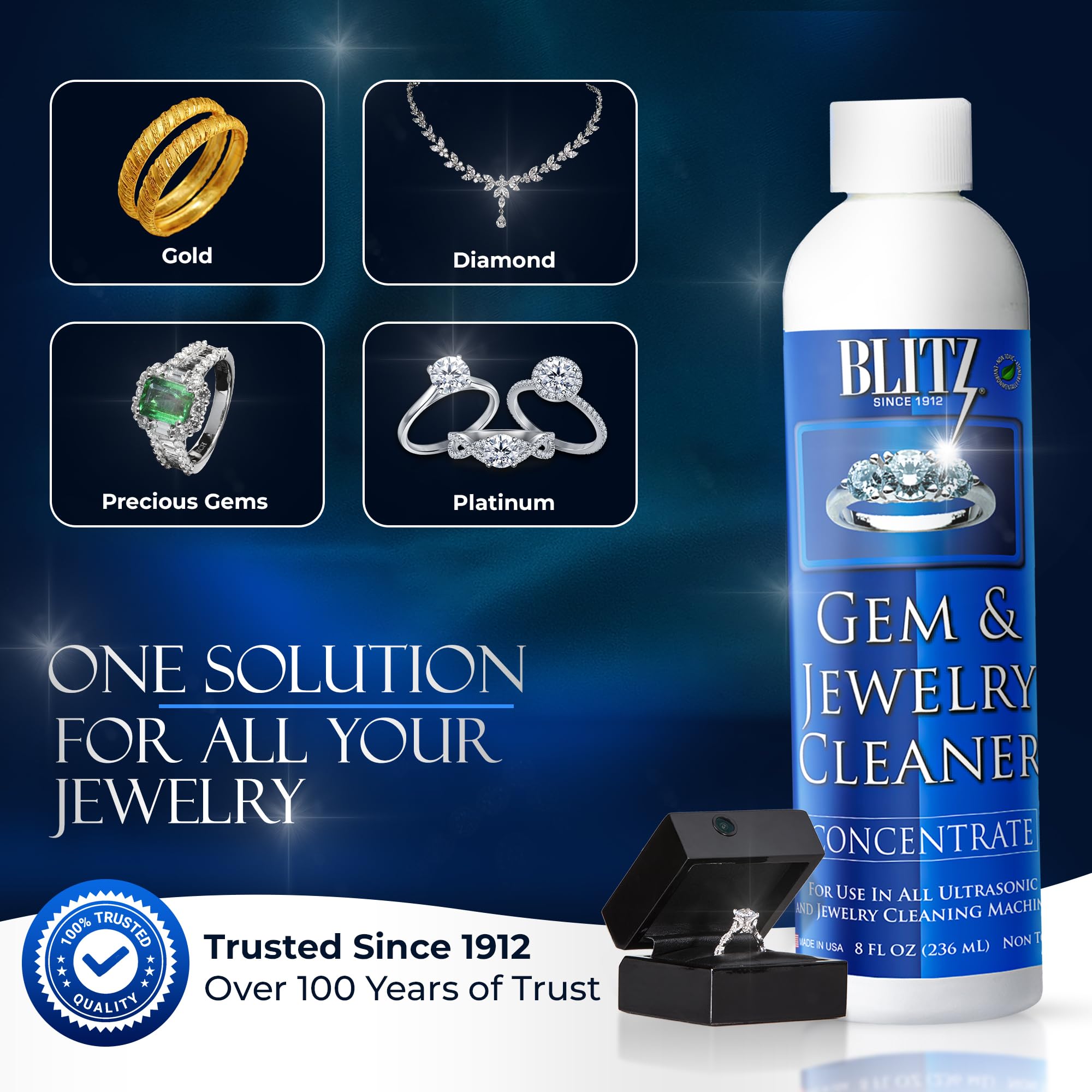 Blitz 653 Gem & Jewelry Non-Toxic Cleaner Concentrate for use in Cleaning Machines, 8 Ounces, 2-Pack