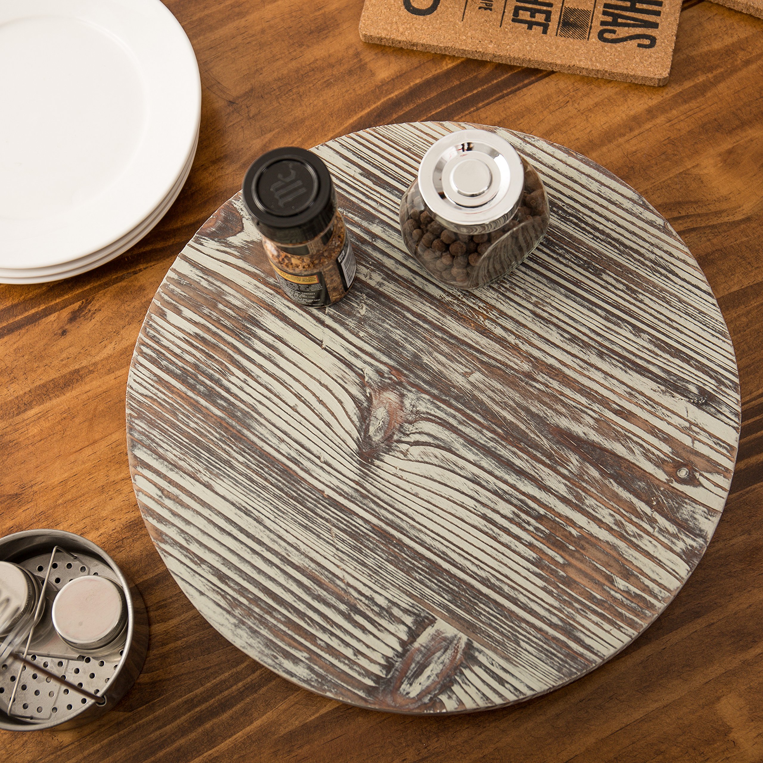 MyGift 13 Inch Torched Wood Lazy Susan Turntable Rotating Tray Condiment Serving Tray, 360 Degree Spinning Spice Rack Organizer