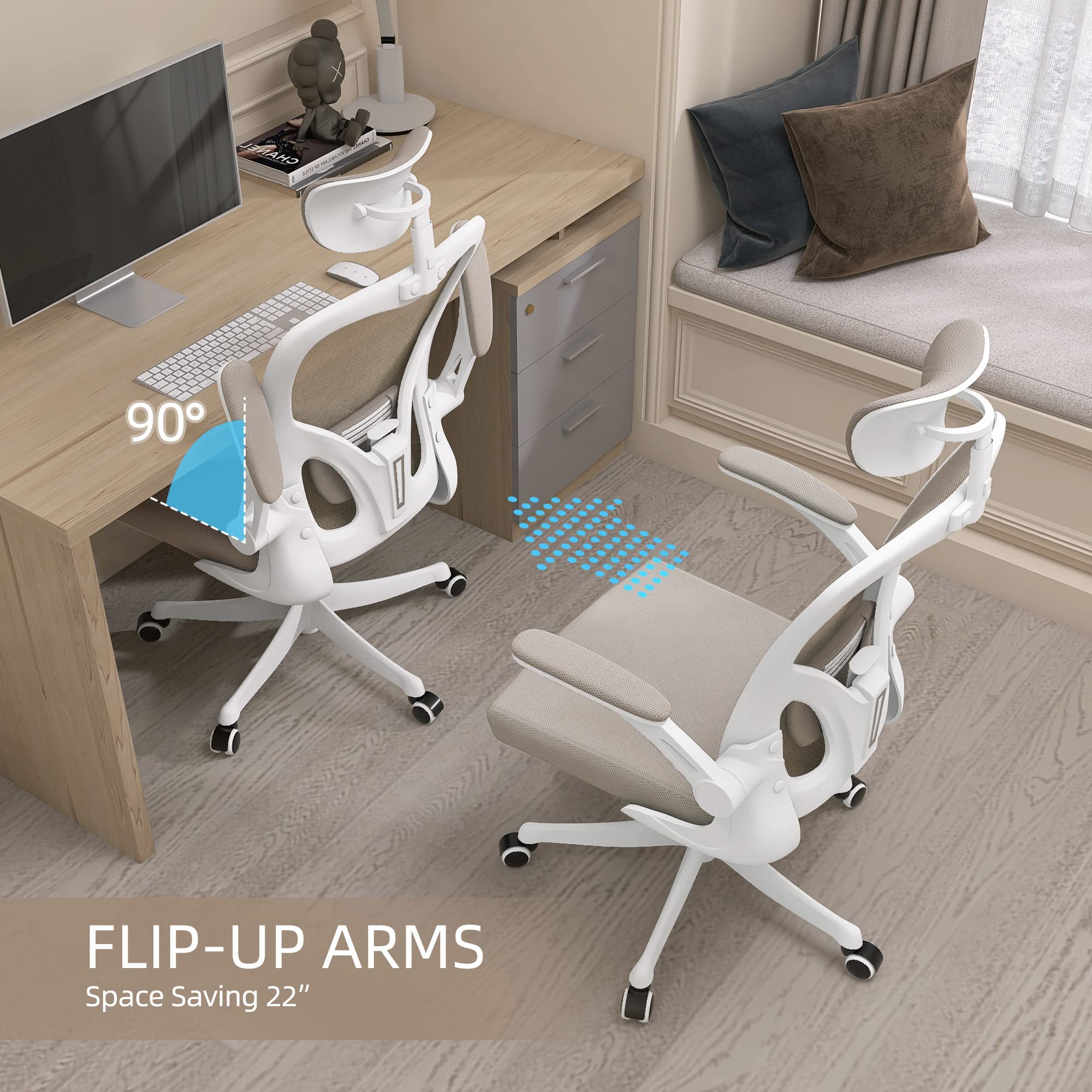 Monhey Ergonomic Office Chair Office Chair with Lumbar Support & Headrest & Flip-up Arms Height Adjustable Rocking Home Office Desk Chairs Swivel High Back Computer Chair Warm Taupe Mesh Study Chair