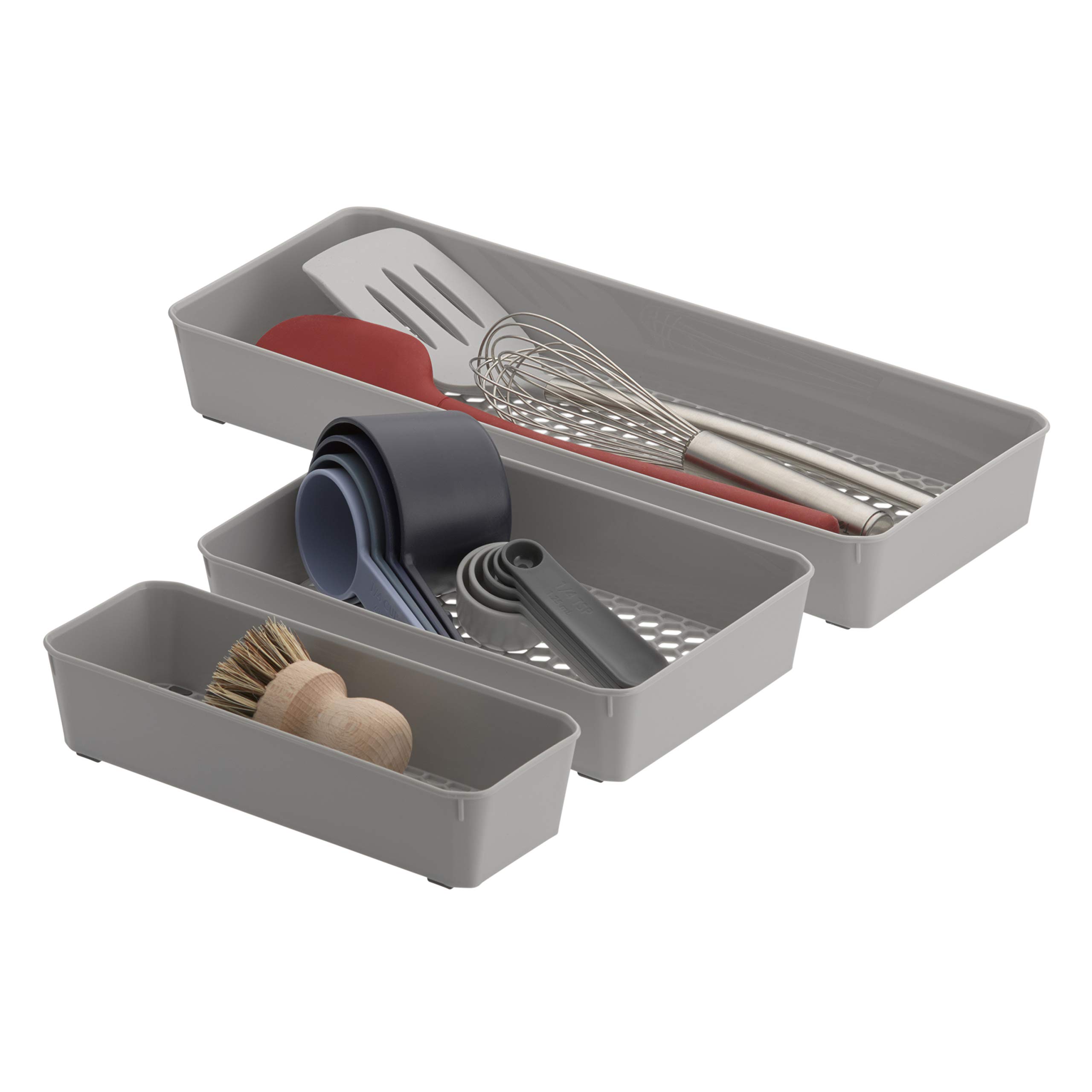 Spectrum Diversified Hexa Set of 3 Assorted Storage Buildup-Resistant Kitchen & Bathroom Drawer Trays, Easy-to-Clean Bathroom & Kitchen Organizers, Stone Gray