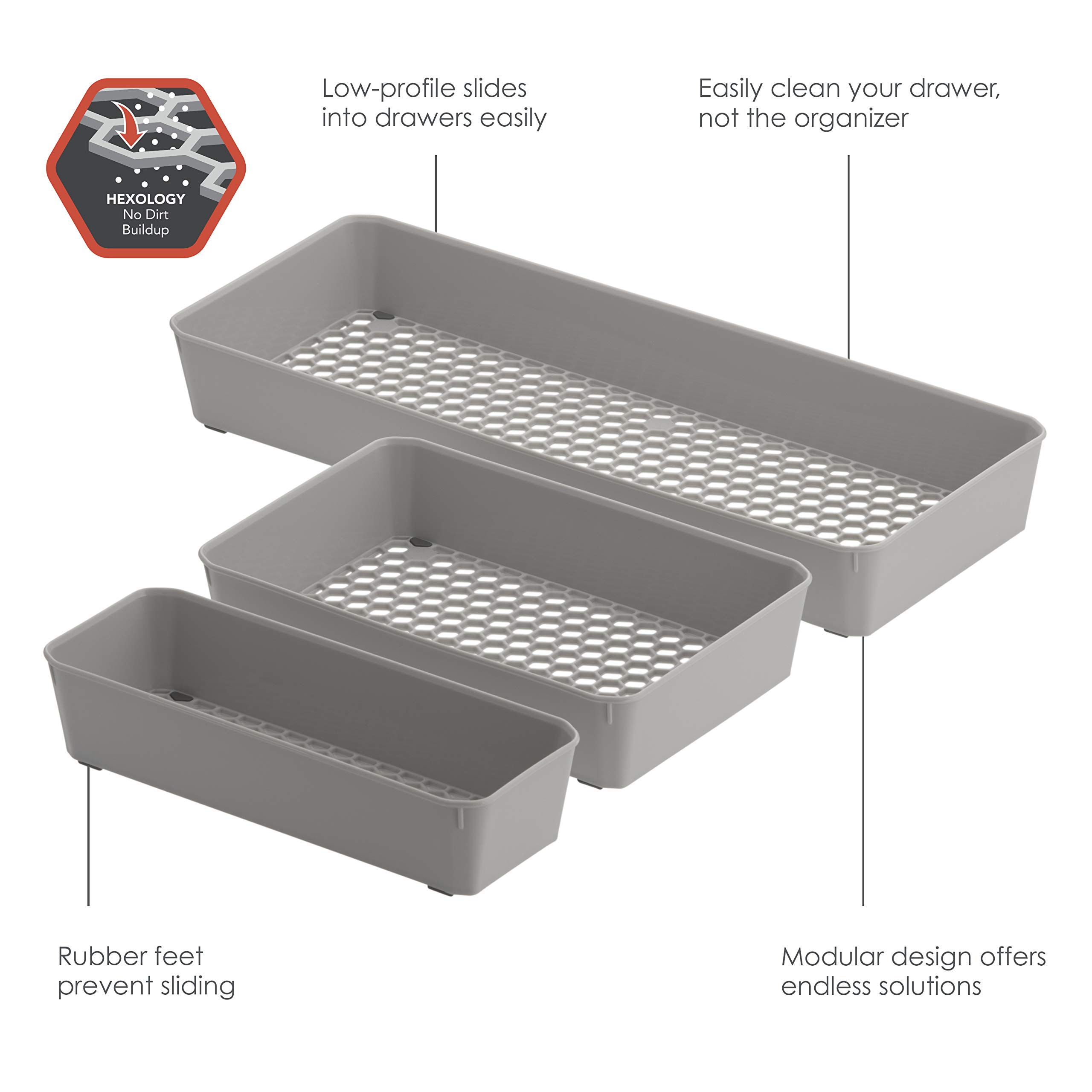 Spectrum Diversified Hexa Set of 3 Assorted Storage Buildup-Resistant Kitchen & Bathroom Drawer Trays, Easy-to-Clean Bathroom & Kitchen Organizers, Stone Gray