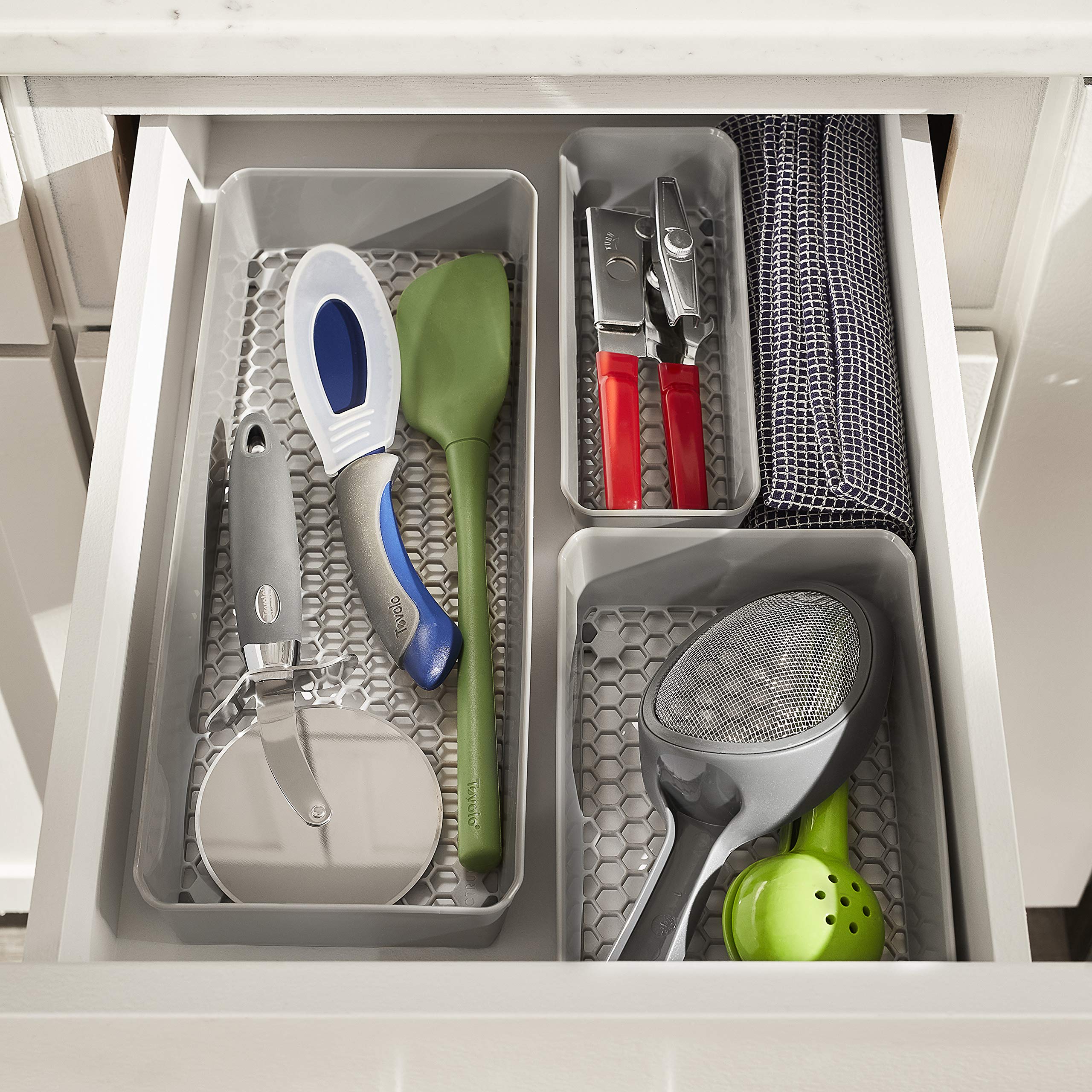 Spectrum Diversified Hexa Set of 3 Assorted Storage Buildup-Resistant Kitchen & Bathroom Drawer Trays, Easy-to-Clean Bathroom & Kitchen Organizers, Stone Gray
