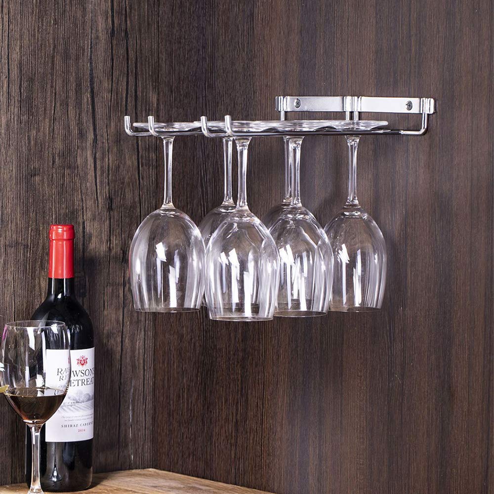 Stemware Wine Glass Rack Wall Mountable Heavy Duty Thick Wrought Exquisite silver chrome 2 Rows 10.2 Inch Deep,Metal Storage Hanger for Kitchen or Bar