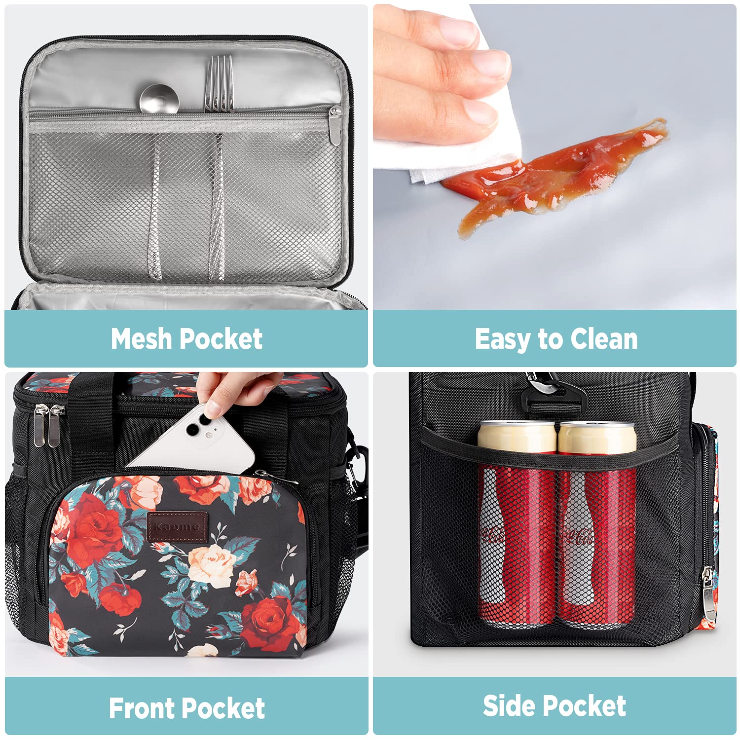 Kaome Large Lunch Bags for Women/Men 15L (24-Can), Insulated Lunch Box 100% Leakproof Cooler Bag for Office Work School Picnic Beach, with Adjustable Shoulder Strap-Floral