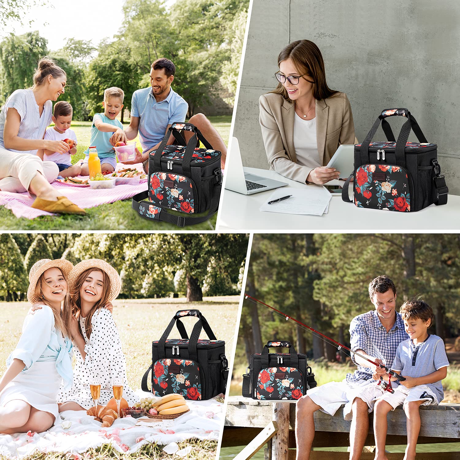 Kaome Large Lunch Bags for Women/Men 15L (24-Can), Insulated Lunch Box 100% Leakproof Cooler Bag for Office Work School Picnic Beach, with Adjustable Shoulder Strap-Floral