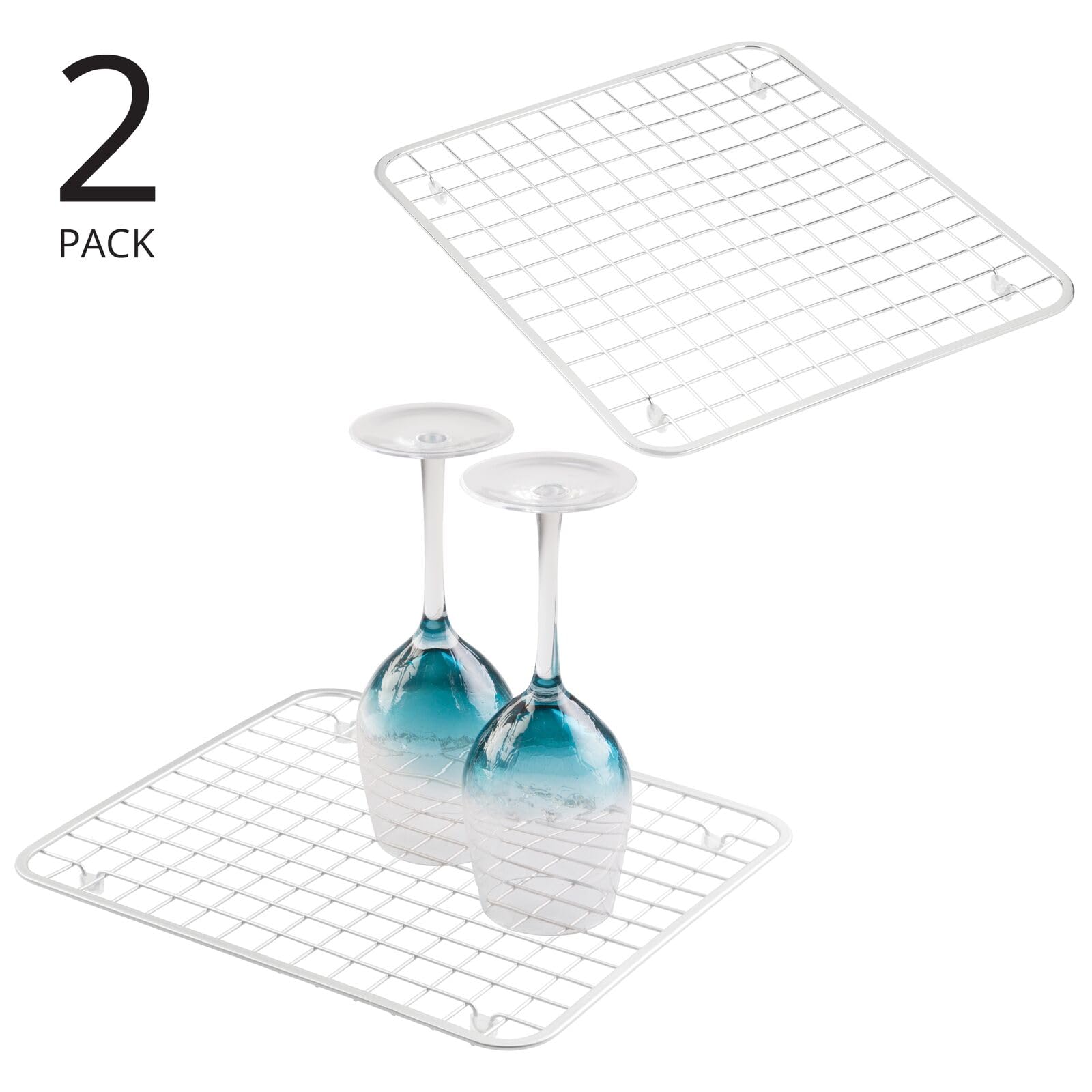 mDesign Modern Metal Wire Kitchen Sink Metal Dish Drying Rack/Mat - Steel Wire Grid Design - Allows Wine Glasses, Mugs, Bowls and Dishes to Drain in Sink - 2 Pack - White