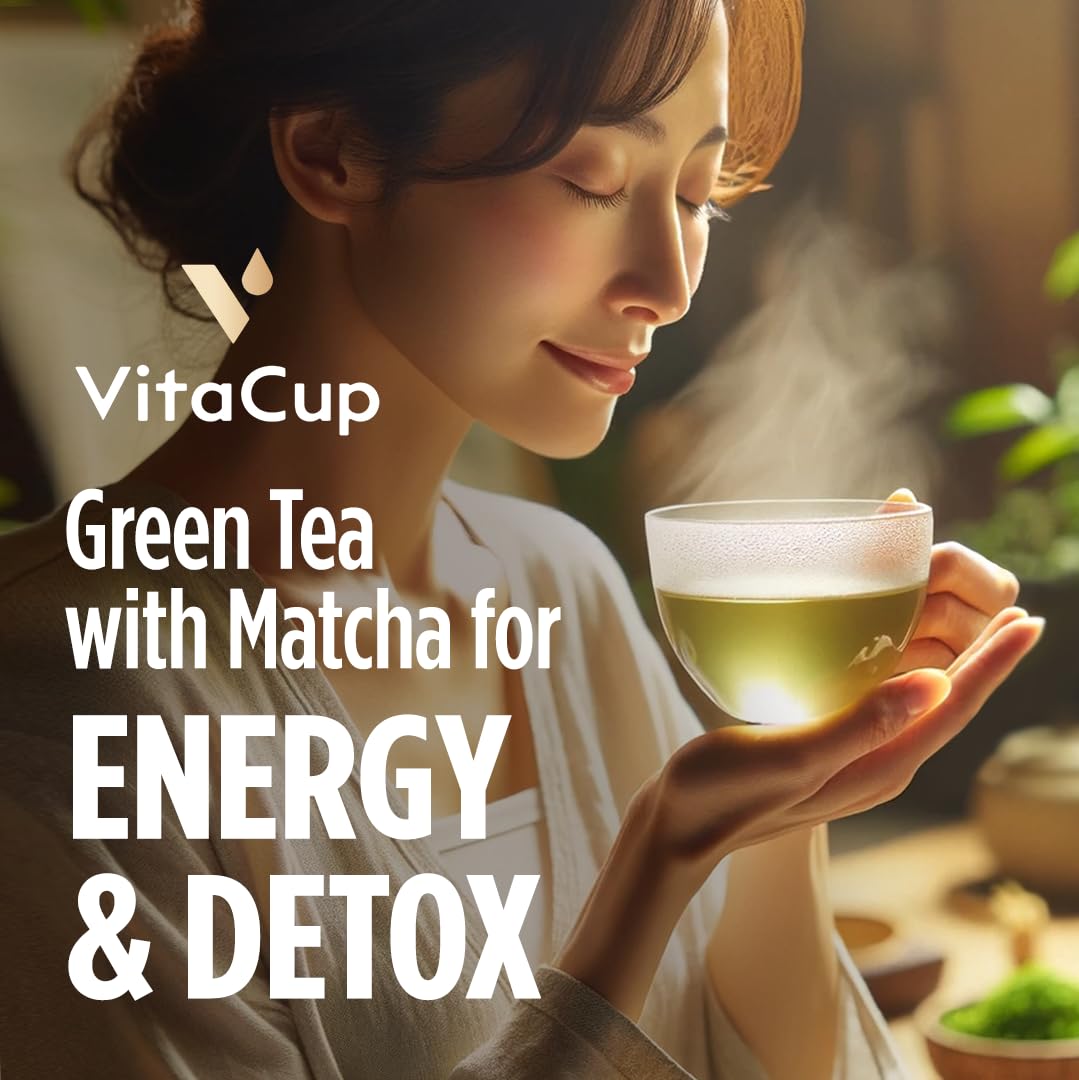 VitaCup Green Tea Pods, Enhance Energy & Detox with Matcha, Moringa, B Vitamins, D3, Keto, Paleo, Vegan, Recyclable Single Serve Pod, Compatible with Keurig K-Cup Brewers,16 Ct