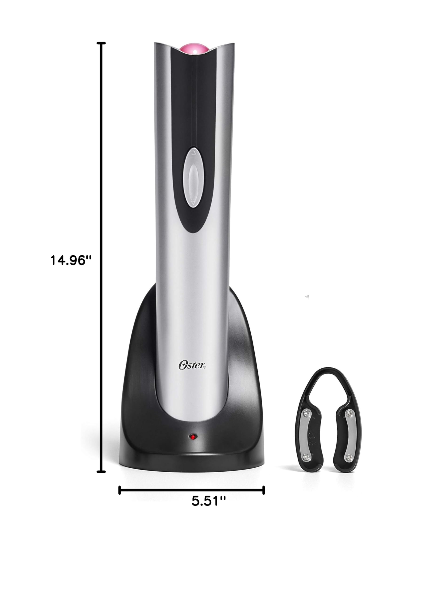 Oster Electric Wine Opener and Foil Cutter Kit with CorkScrew and Charging Base, Silver
